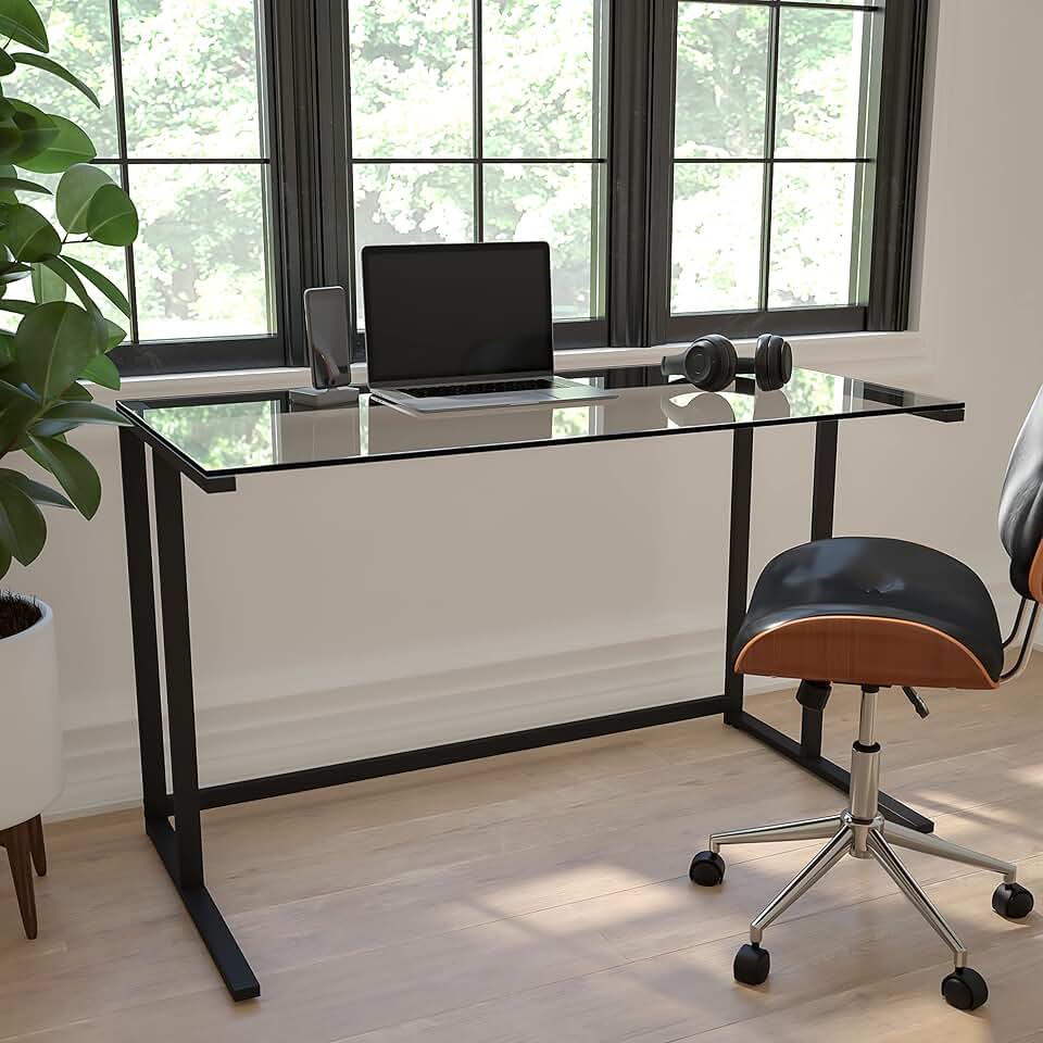 Flash Furniture Singleton Glass Desk with Black Pedestal Metal Frame ...