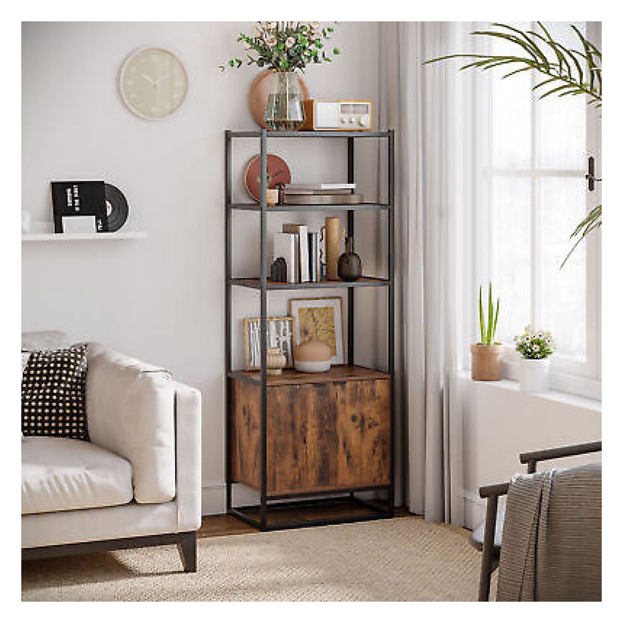 StudyliTall Wooden Rustic 3-Tier Open Space Shelving with Bottom Hutch ...