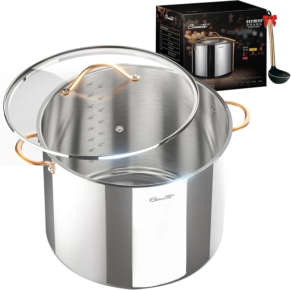 Stock Pot 20 Quart, 3 Ply Stainless Steel Stock Pot with Lid, 20 Quart ...