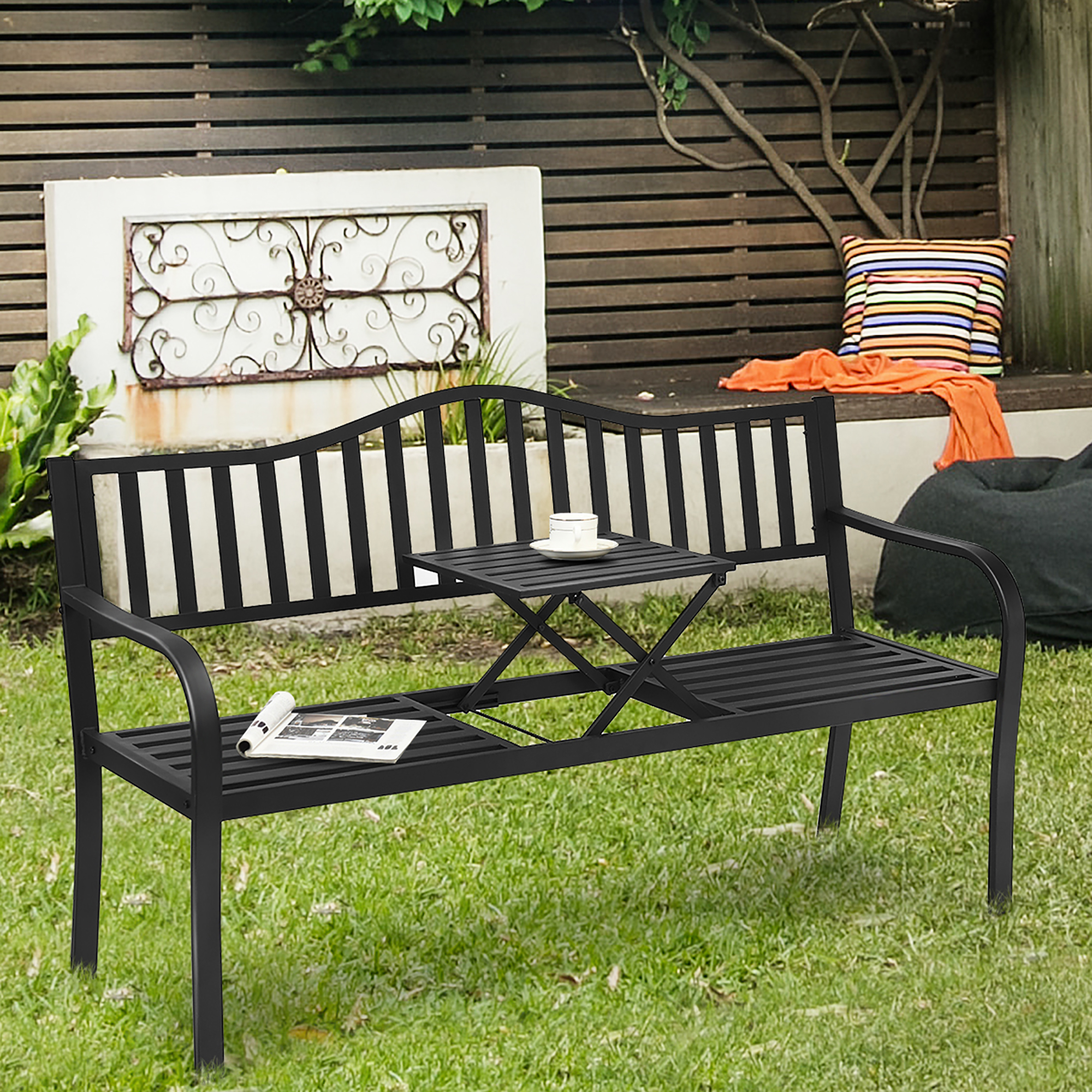 Costway Patio Garden Bench Steel Frame Adjustable Center Table Outdoor ...