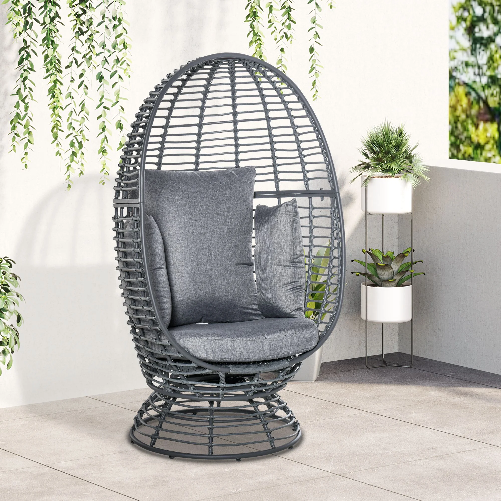 Outsunny Outdoor Wicker Egg Chair with Cushion, Lounge Chair Rattan 360 ...