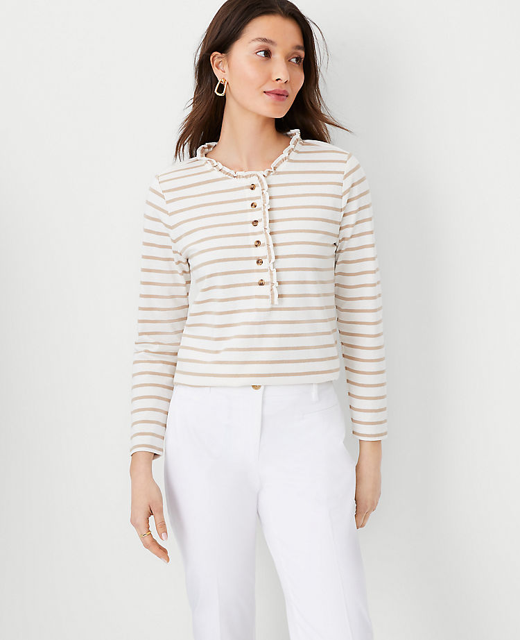 Ann Taylor Striped Ruffle Neck Button Top