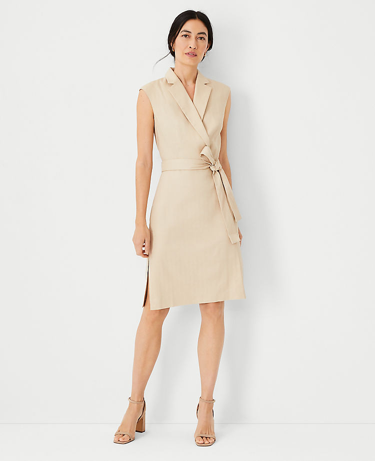 Ann Taylor The Notched Collar Tie Waist Dress in HerRingbone Linen Blend