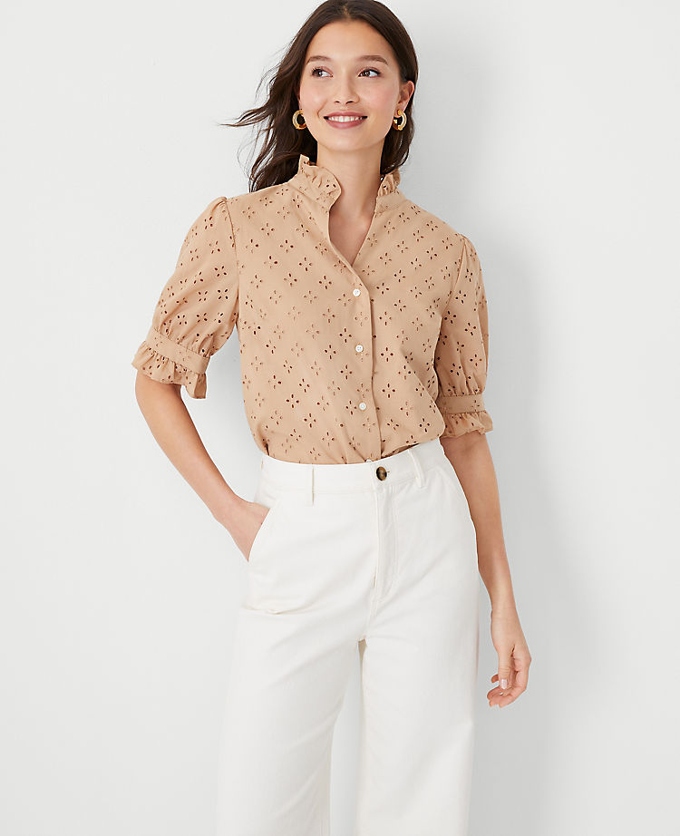 Eyelet Ruffle Button Top