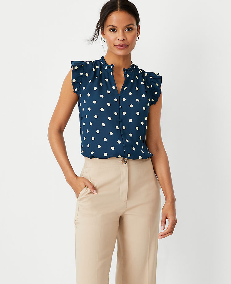 Ann Taylor Dotted Mixed Media Ruffle Button Shell
