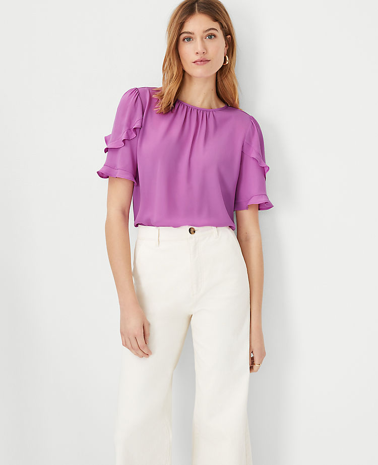 Ann Taylor Mixed Media Ruffle Sleeve Top