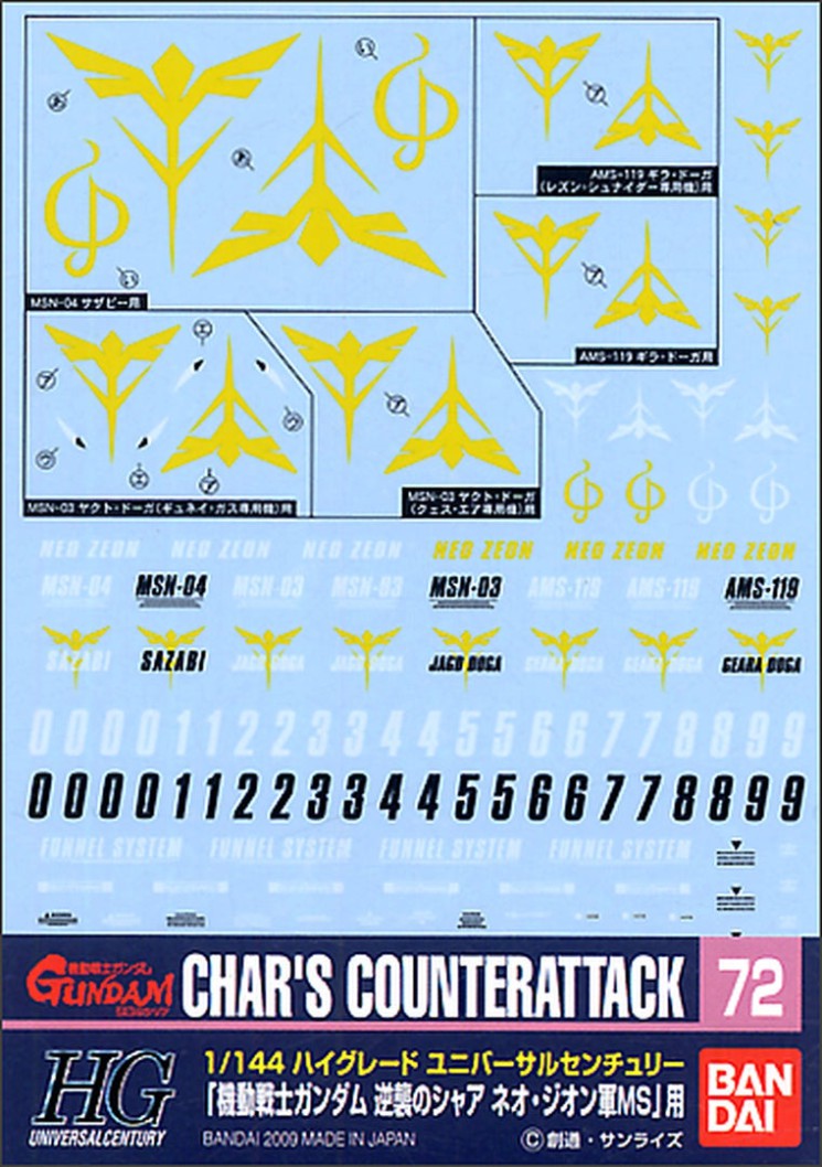Sale Bandai Gundam Decal #72 For 1/144 HG Neo Zeon Char’s Counterattack ...