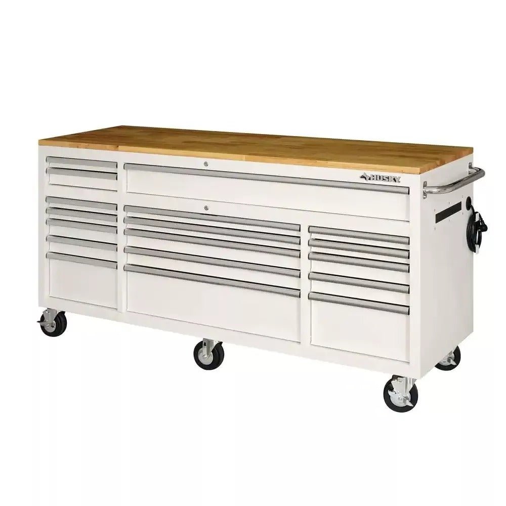 Husky 72 in 18Drawer Mobile Workbench with Solid Wood Top in Gloss White