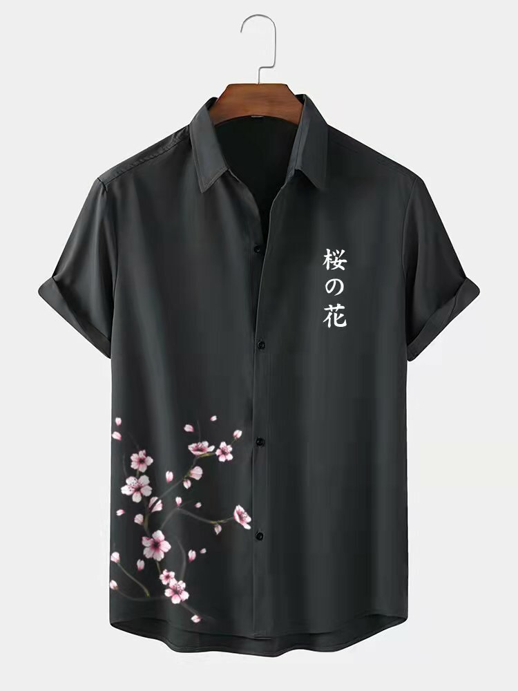 Mens Cherry Blossoms Japanese Print Button Up Short Sleeve Shirts