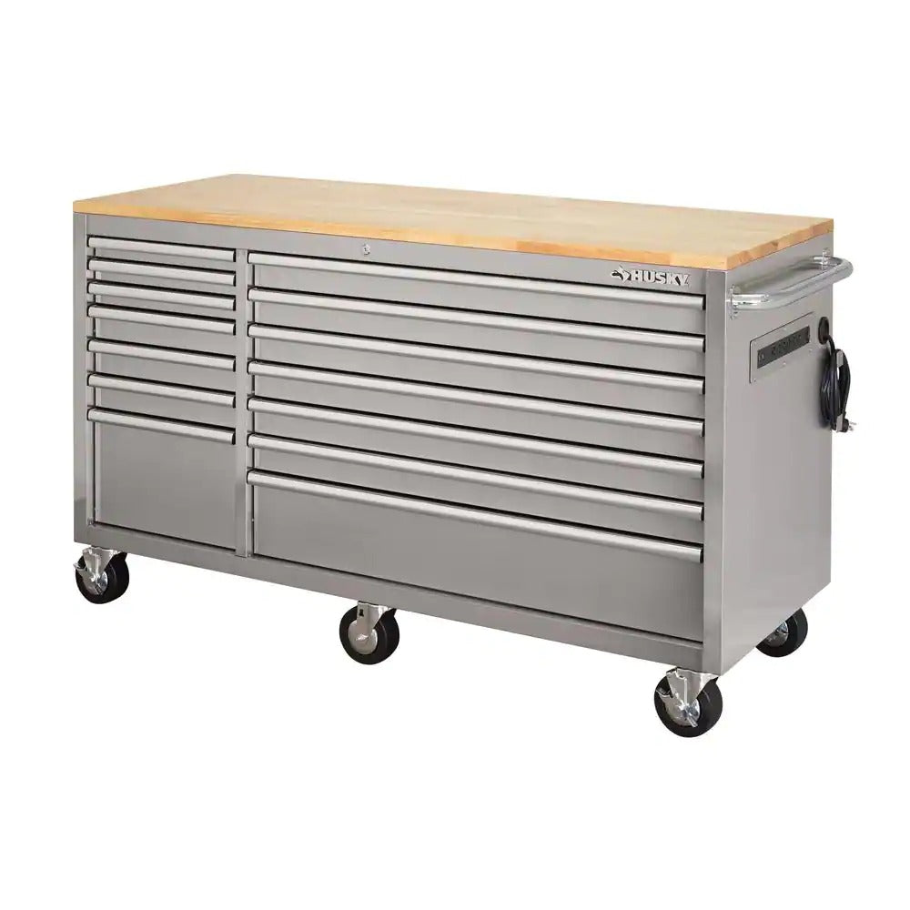 62 in 14Drawer 24 in Deep Stainless Steel Mobile Workbench with Solid ...