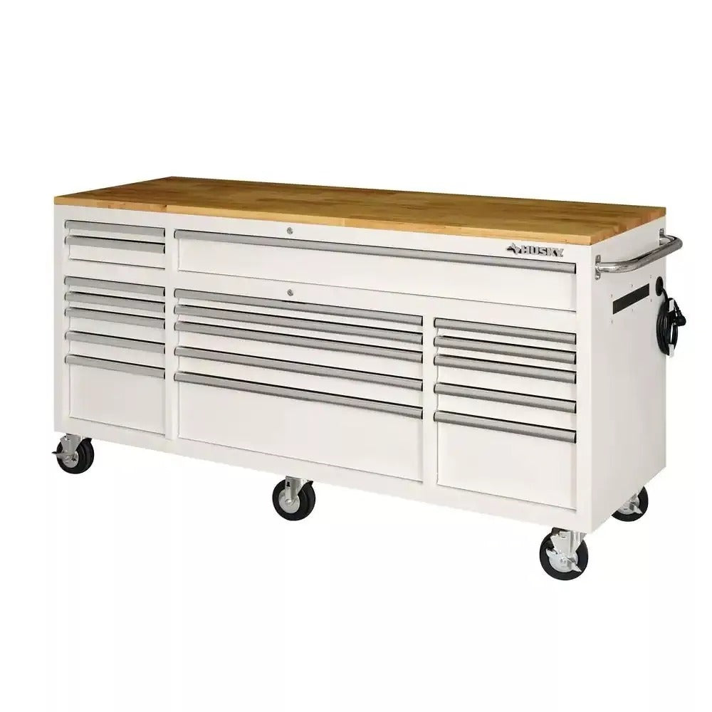 72 in 18Drawer Mobile Workbench with Solid Wood Top in Gloss White