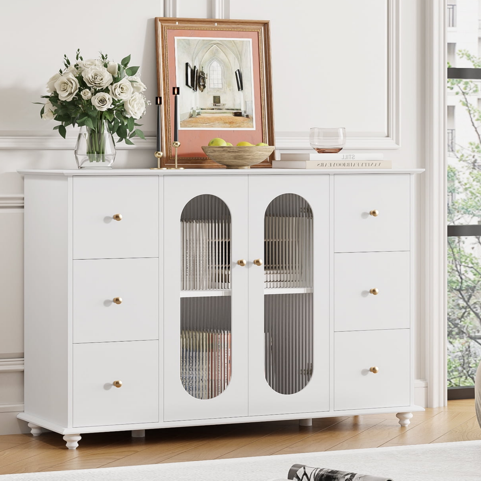 Homfa Modern Sideboard with Glass Door, 6 Drawers Accent Storage ...