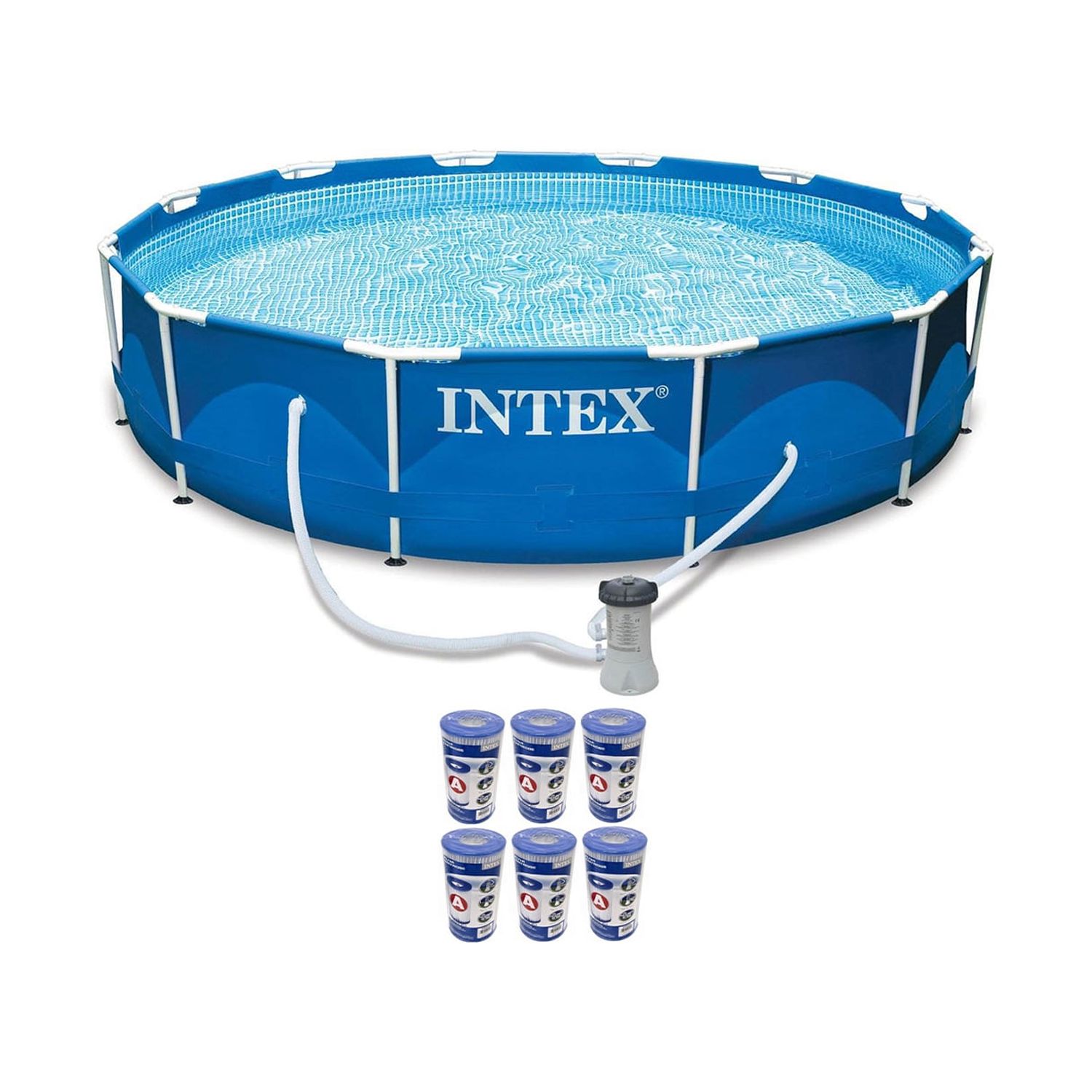 Intex 12ft x 30in Metal Frame Round Swimming Pool Set 530 GPH Pump & 6 ...