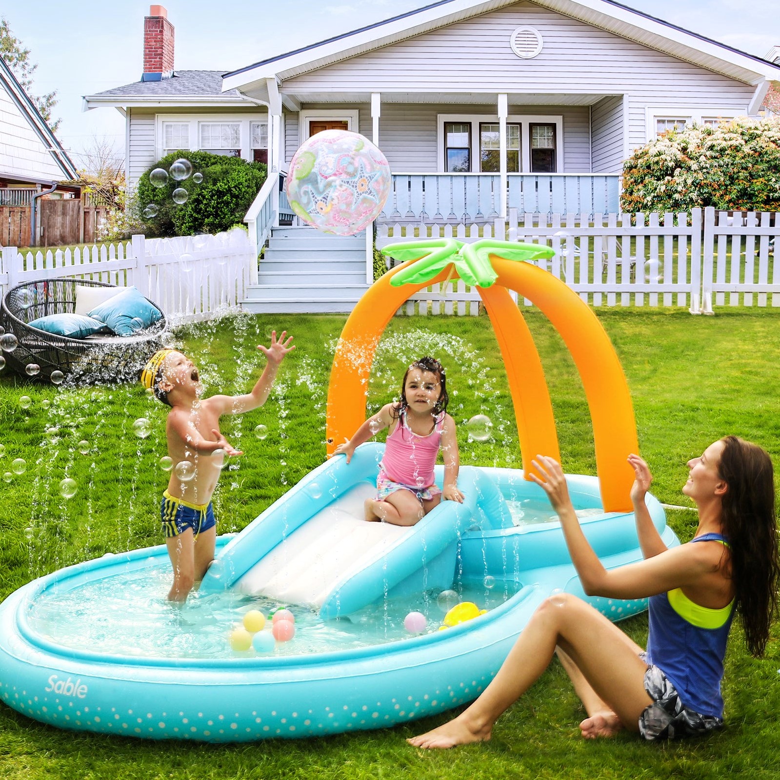 Sable Inflatable Play Center Wading Pool with Slide for Kids, Family ...