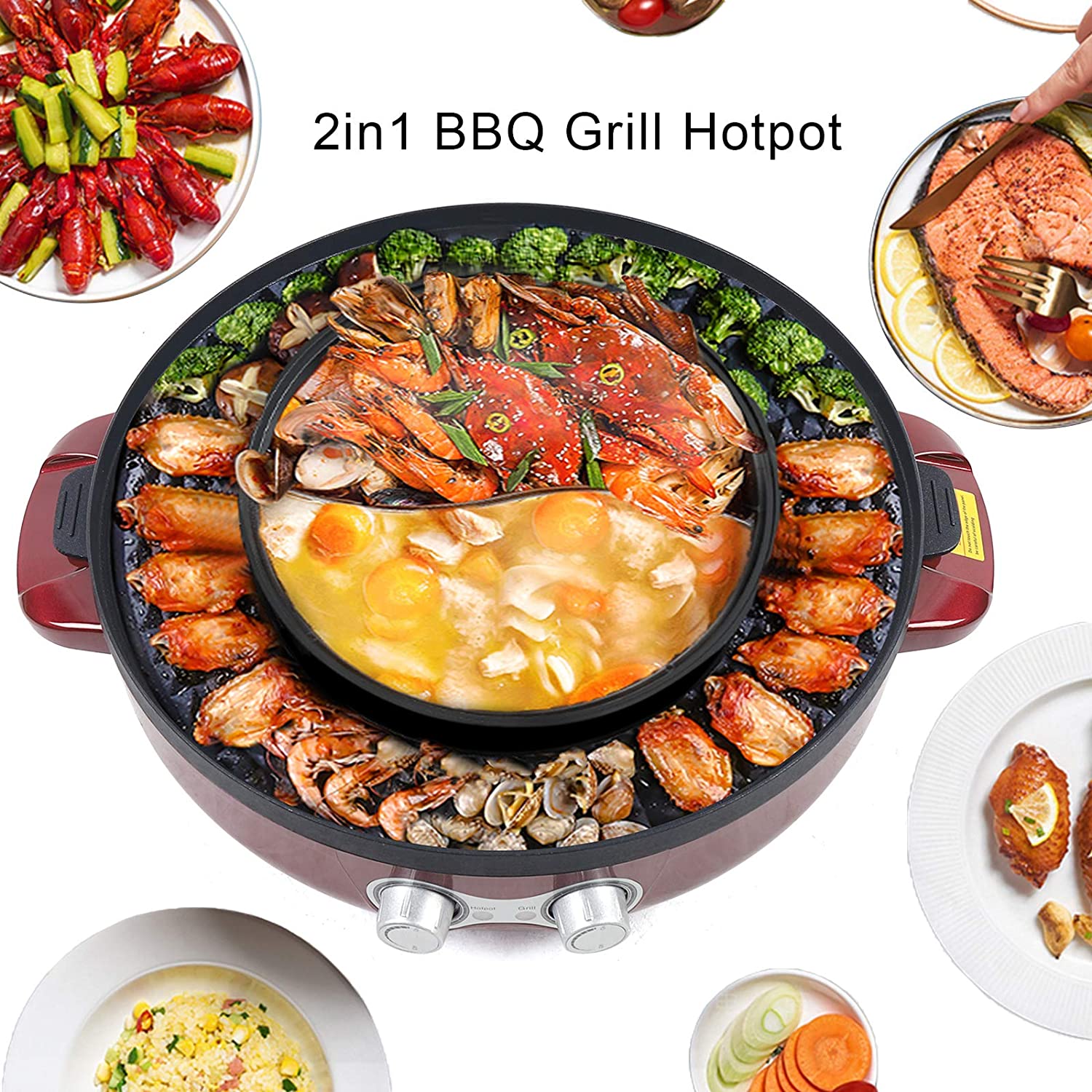 Miumaeov 2 in 1Electric Smokeless BBQ Grill and Hot Pot ...