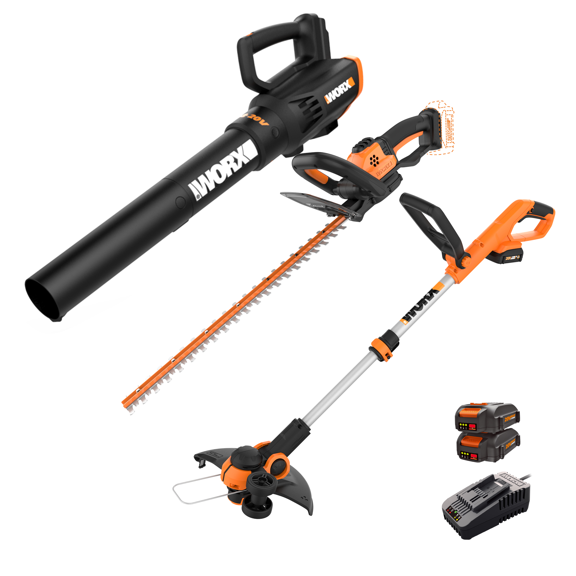 Worx Cordless 20V Leaf Blower, Hedge Trimmer, & Weed Trimmer Combo Kit ...