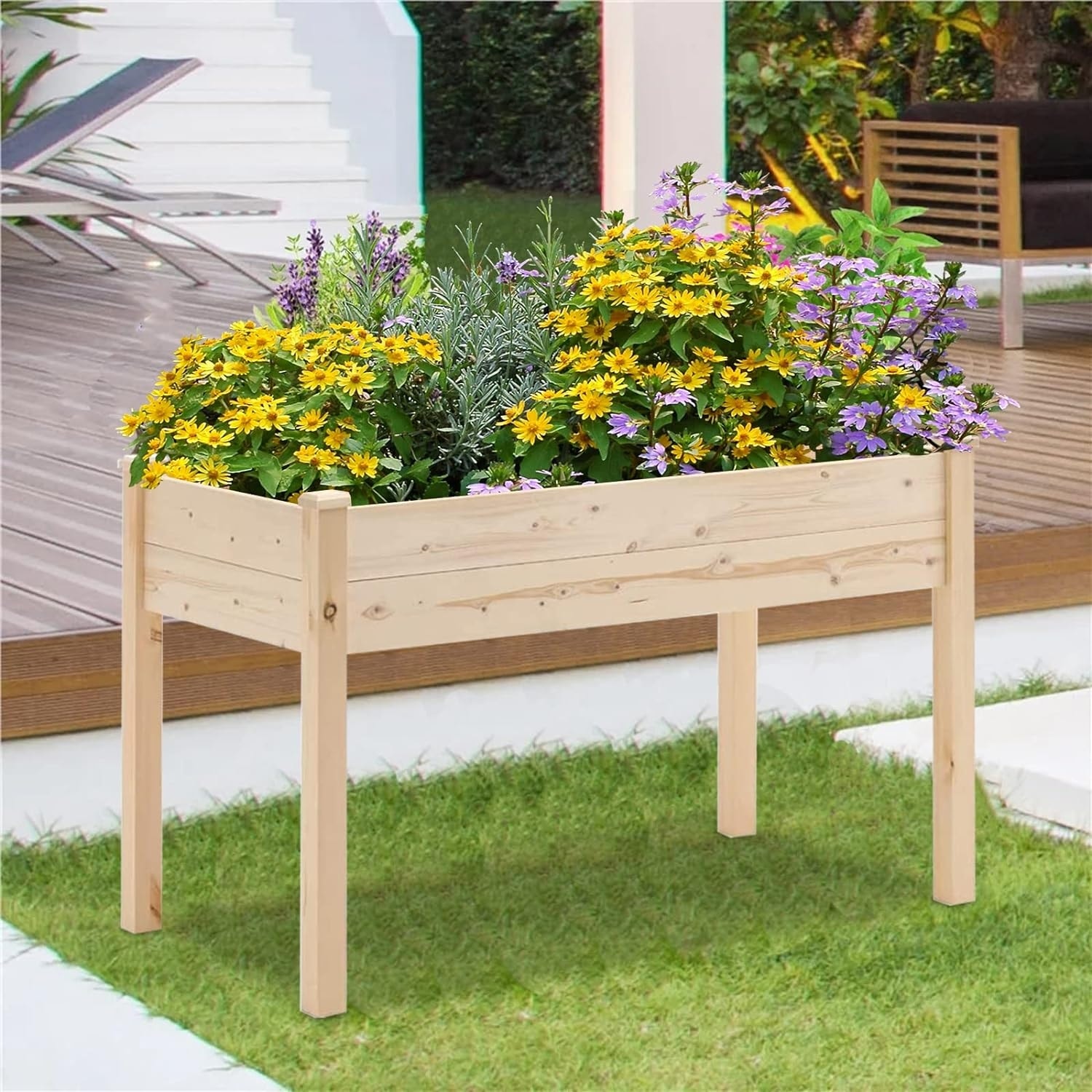 SUNCROWN Outdoor 4 FT Wooden Raised Garden Bed Elevated Planter Box ...