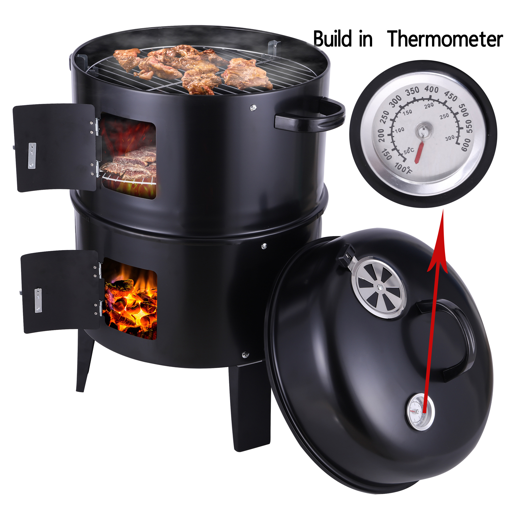 SAYFUT 3-in-1 Vertical Multi-Layer Steel Charcoal Smoker Heavy Duty ...