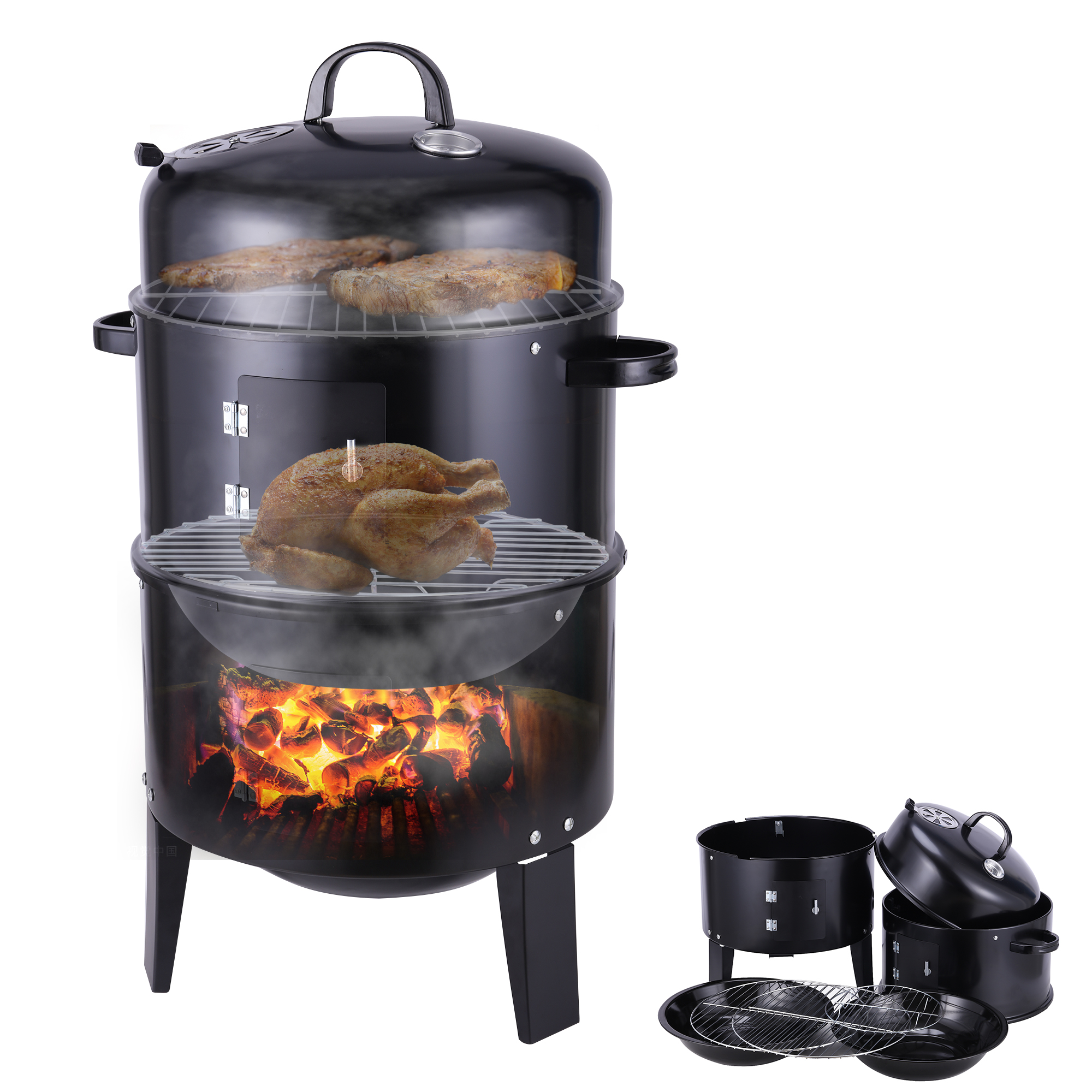 3-in-1 Outdoor BBQ Grill Smoker, Portable Charcoal Smoker Grills Fire ...