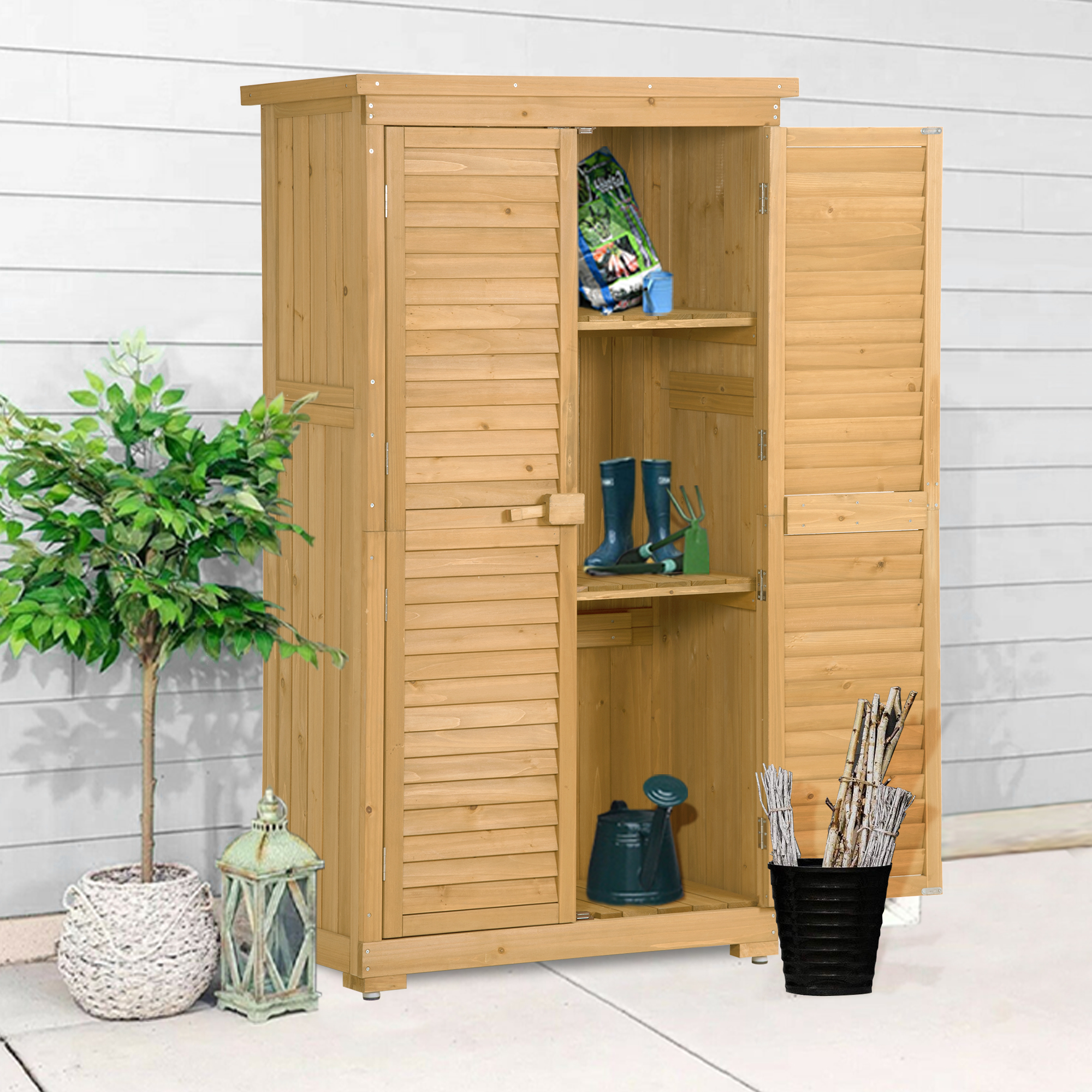 Outdoor Garden Wooden Storage Cabinet 3-tier Fir Wood Lockers with ...