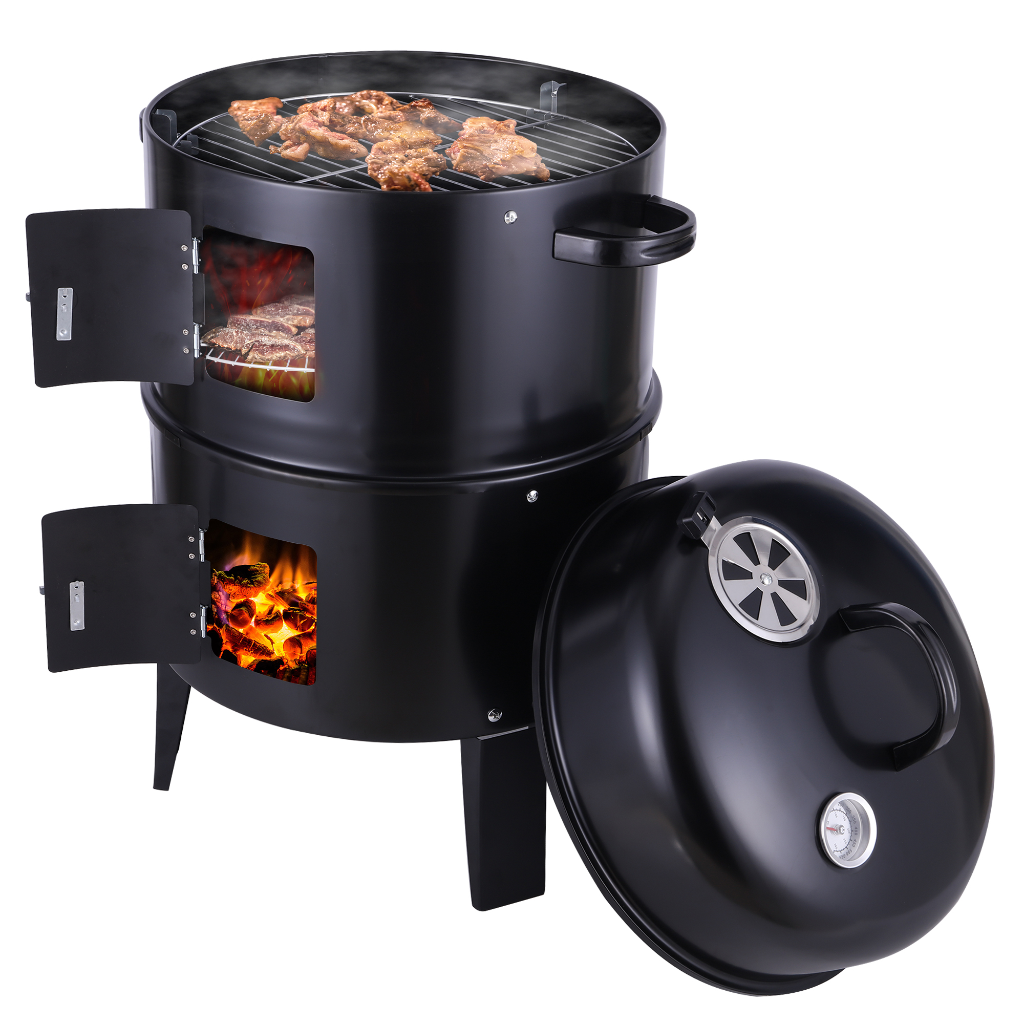 3 In 1 Tower Vertical Barrel Charcoal BBQ Grill Smoker, Portable Fire ...