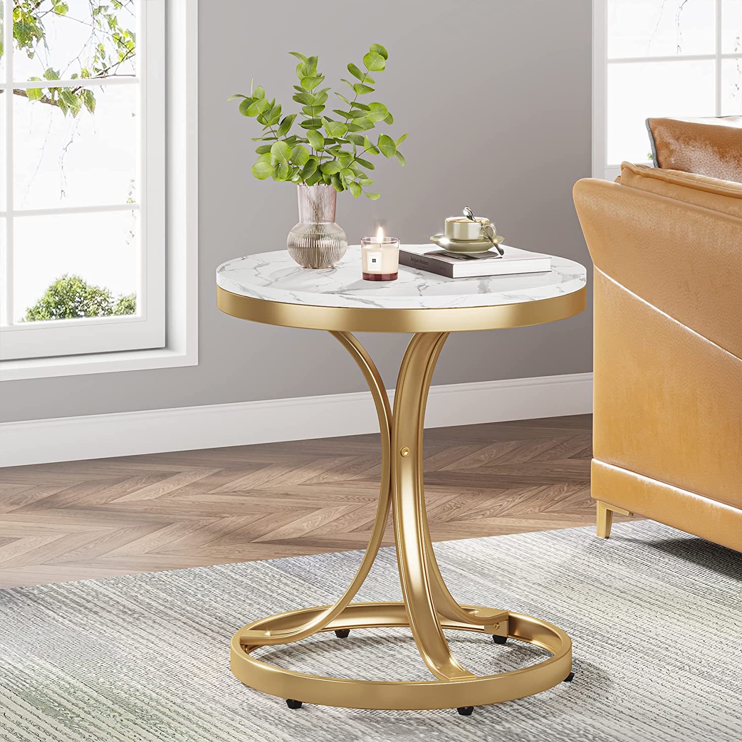 End Table, Modern Side Tables with White Faux Marble Top, C Shaped Gold ...