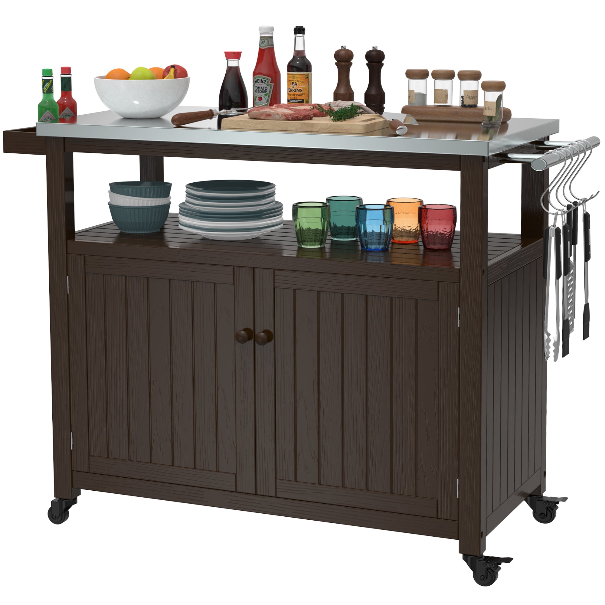 GDLF Outdoor Prep Table Grill Station, Solid Wood Movable Dining Cart ...