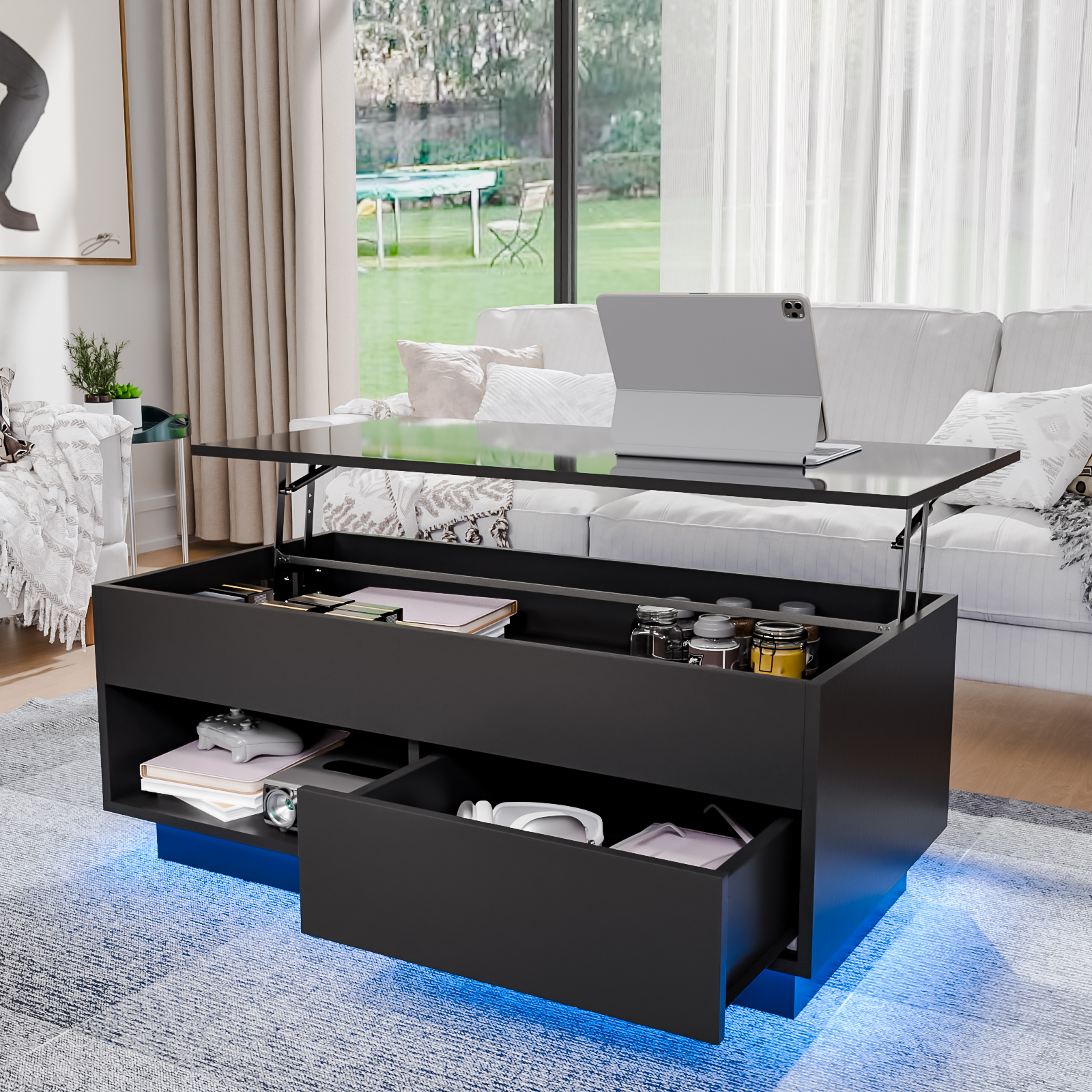 Hommpa Lift Top Coffee Table with LED 39.4" Modern Rectangle Sofa Side ...