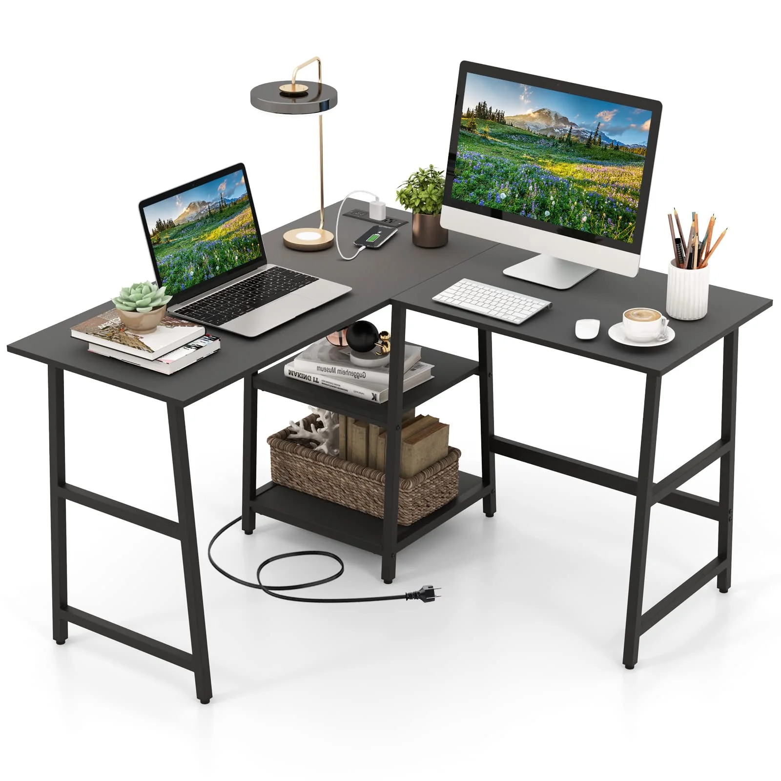 Giantex L Shaped Desk with Power Outlets & USB Ports, 48" Corner Gaming ...