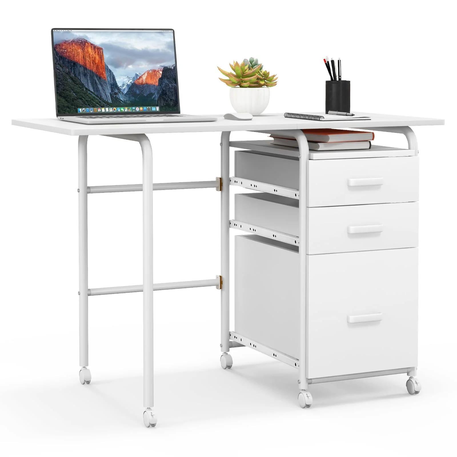 Giantex Folding Desk for Small Space, Rolling Home Office Desk with 3 ...
