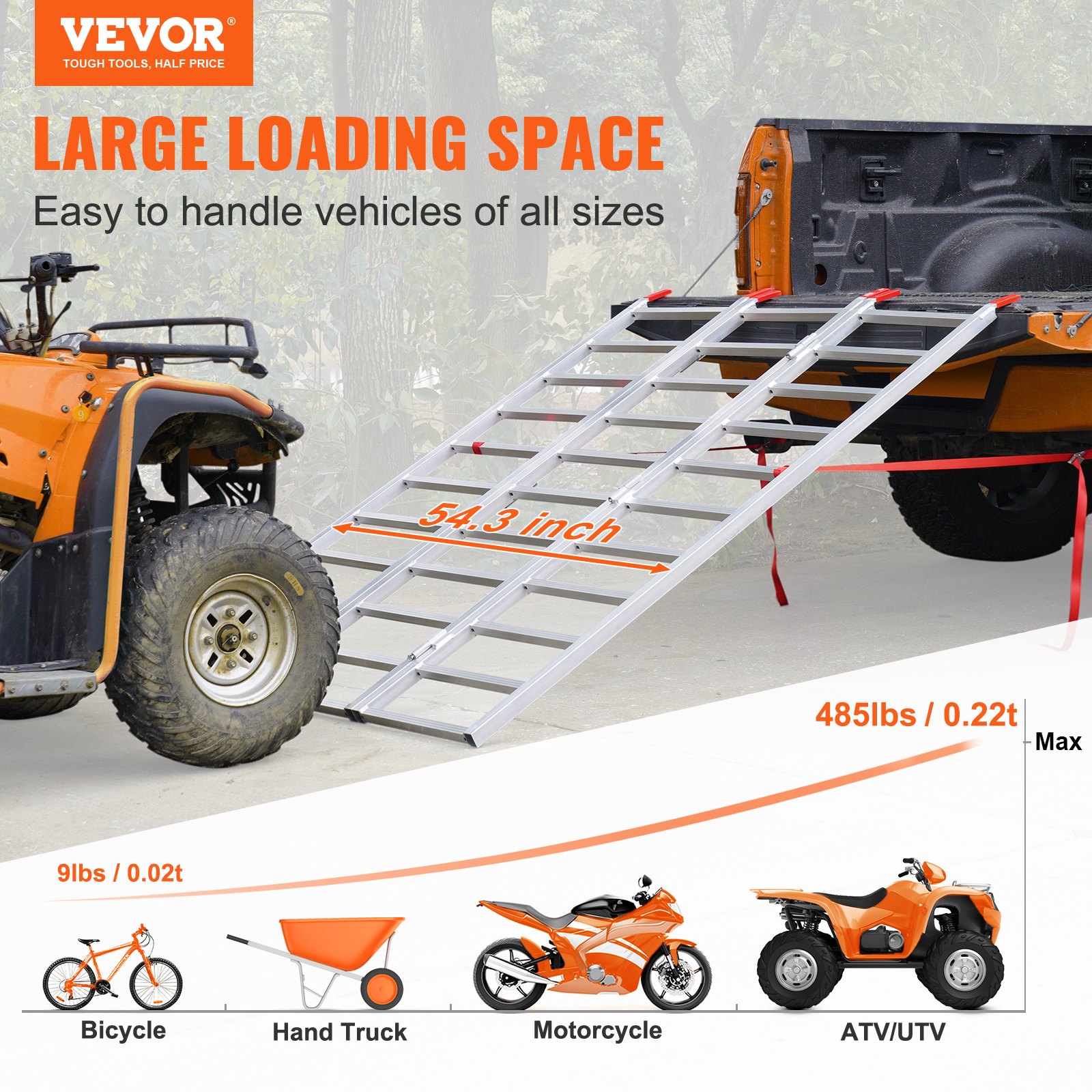 VEVOR Aluminum Ramps, 1500 lbs, Tri-Fold Ramp with Load Straps, Folding ...