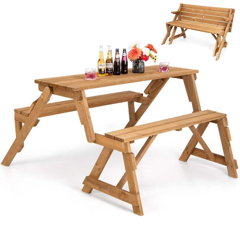 2-in-1 Convertible Wooden Picnic Table Garden Bench, Outdoor Folding ...