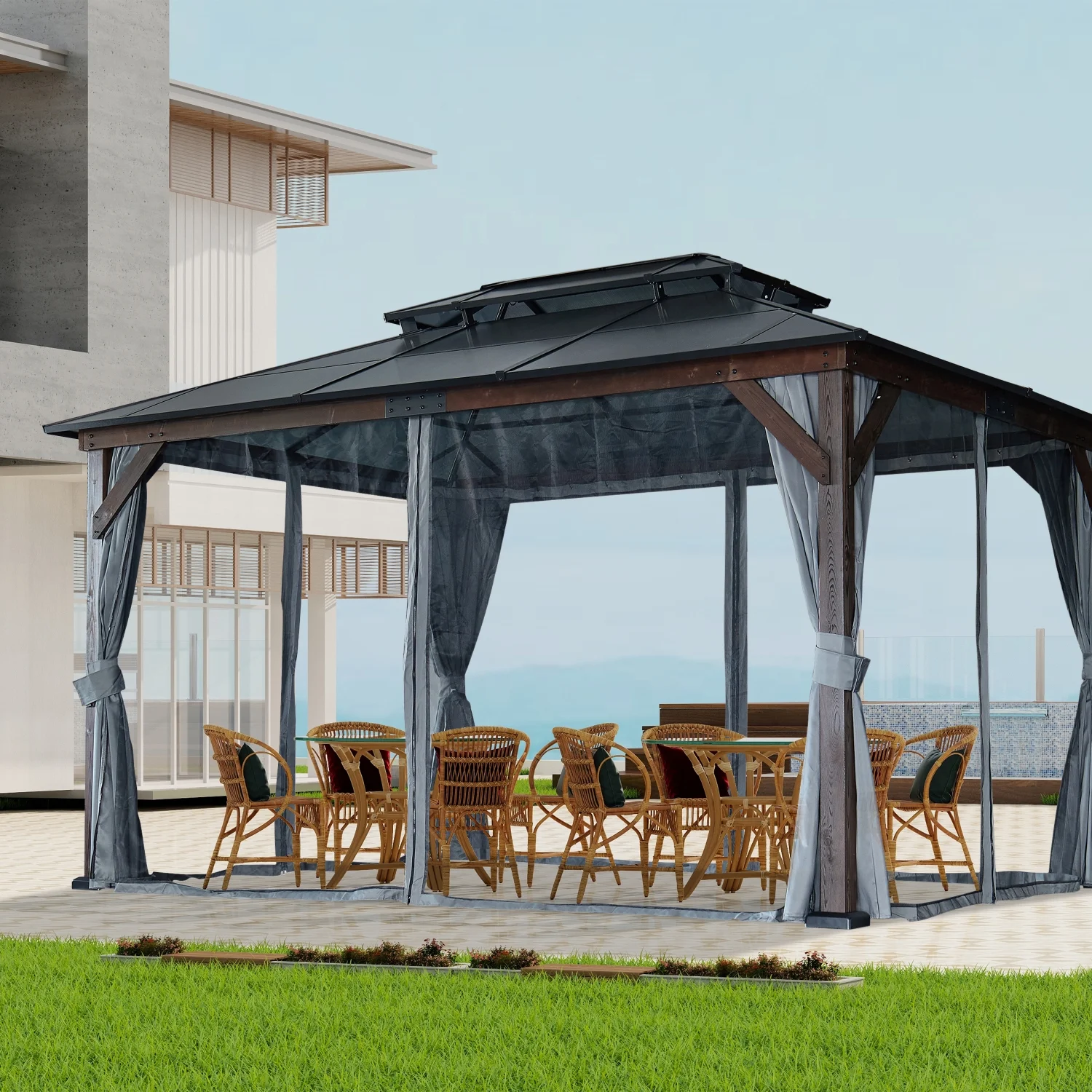 Stunning Solid Cedar Wood Gazebo with Double Metal Roof and Privacy ...