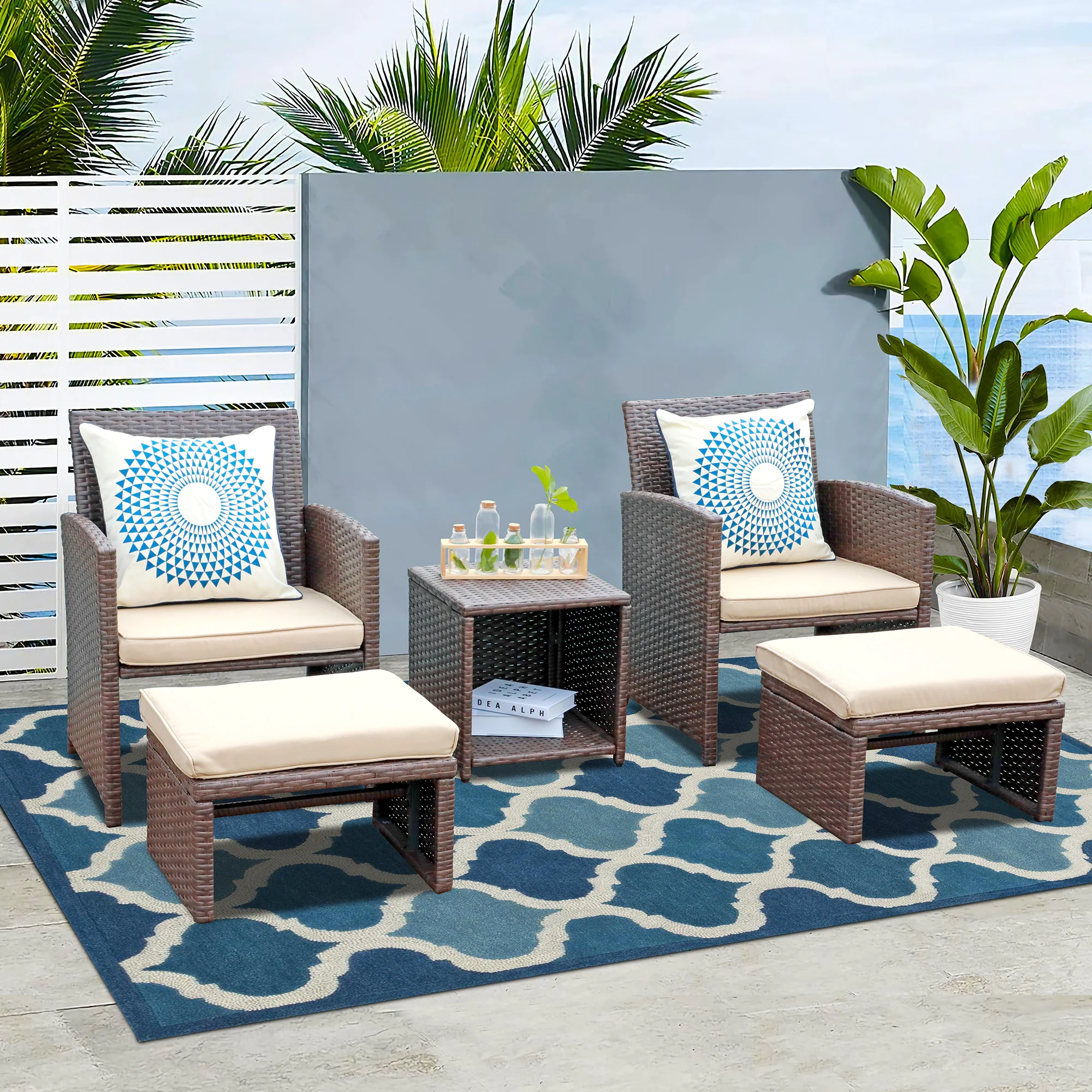 Outdoor 5-piece Brown Rattan Wicker Conversation Set - Texas Outlet