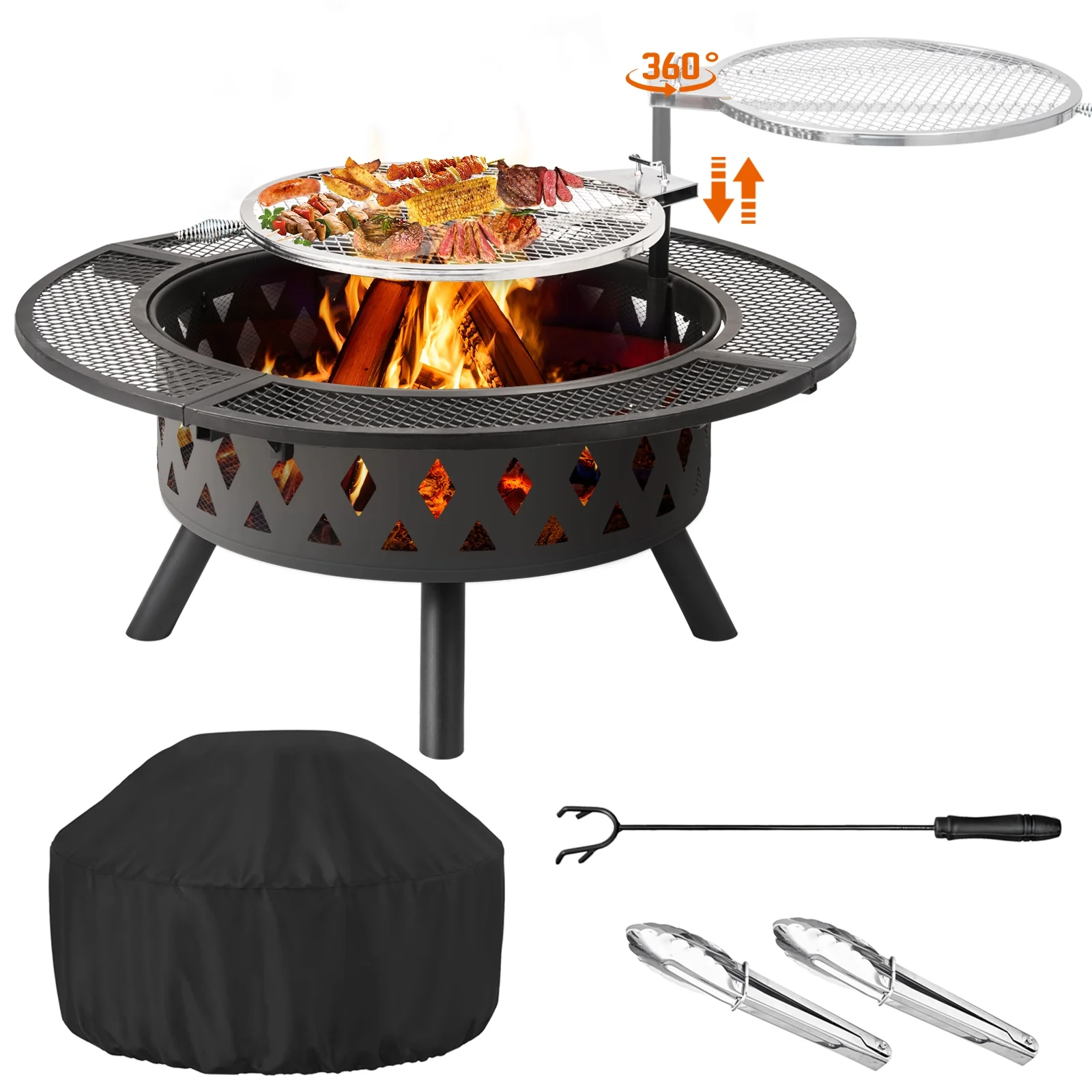 Capri 39" Fire Pit with Grill, Outdoor Wood Burning Firepit Table BBQ Charcoal Grill with ...