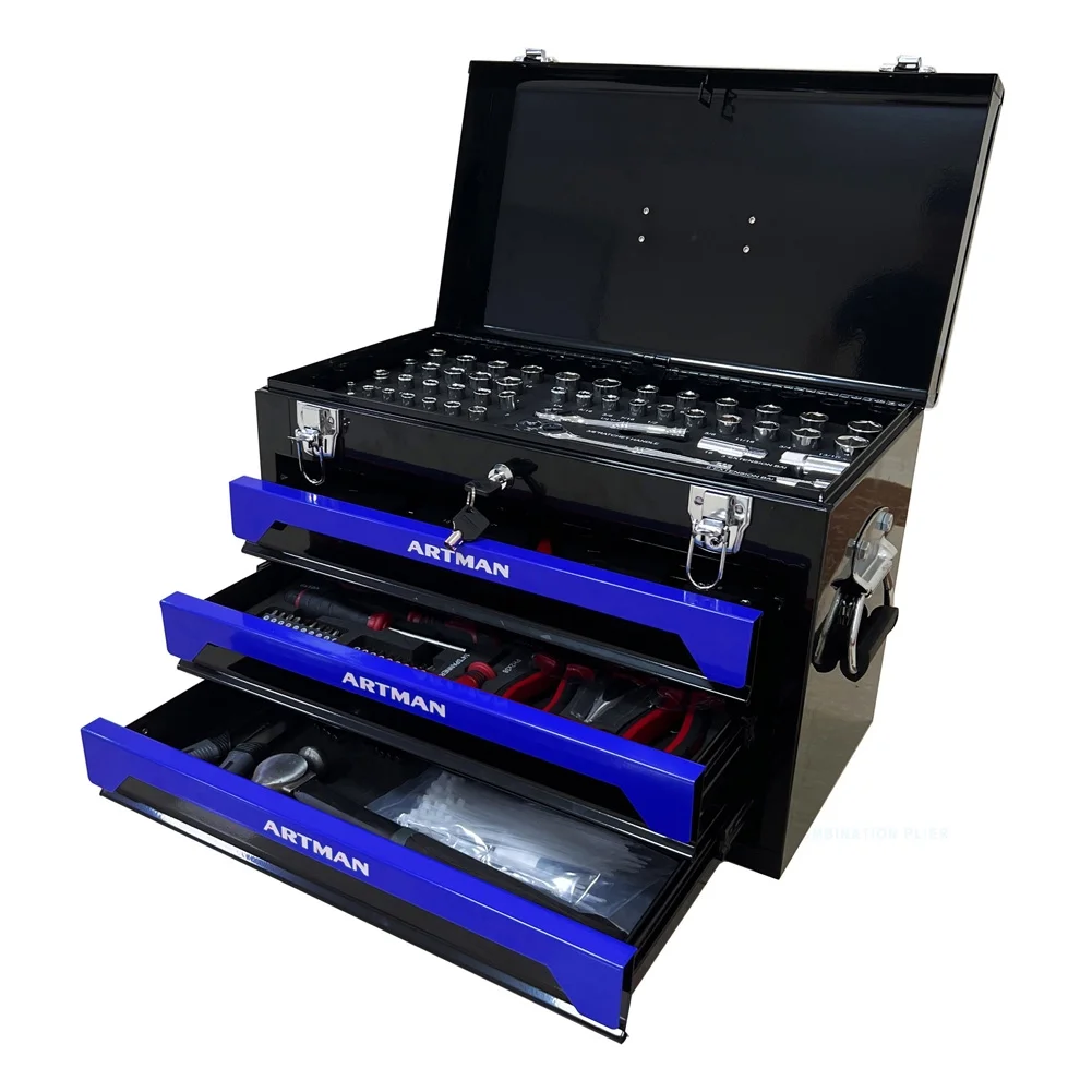 2024 New 3 Drawers Tool Box With Tool Set, Metal Toolbox Portable Tool ...