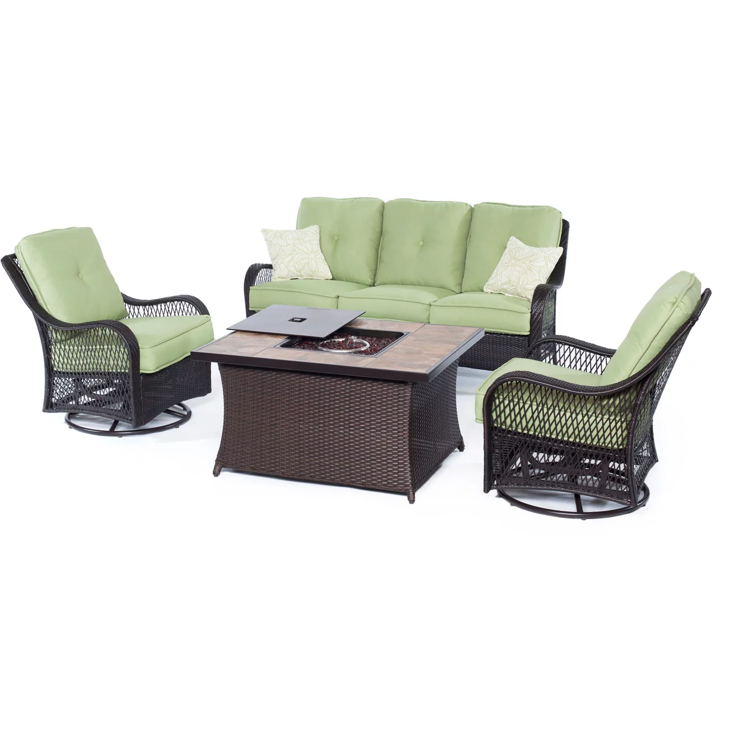 Hanover Orleans 4 Pcs Wicker Propane Fire Pit Set, Avocado Green ...