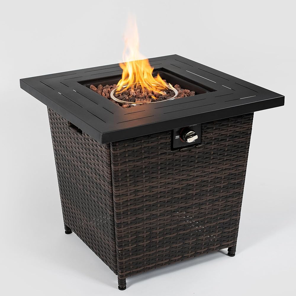 Rattan Propane Gas Fire Table, Square Wicker Gas Fire Table with Gas ...