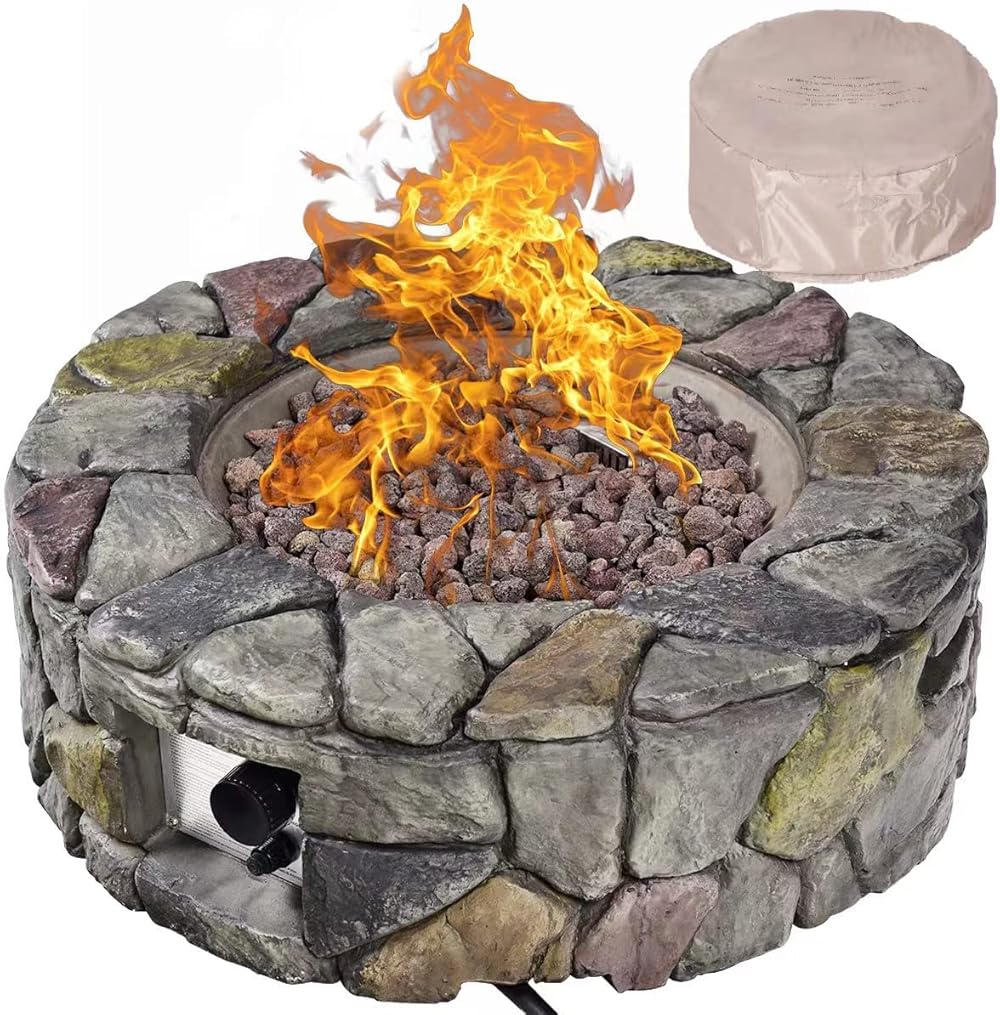 40,000 BTU Propane Gas Fire Pit, 28” Stainless Steel Stone Look Gas ...