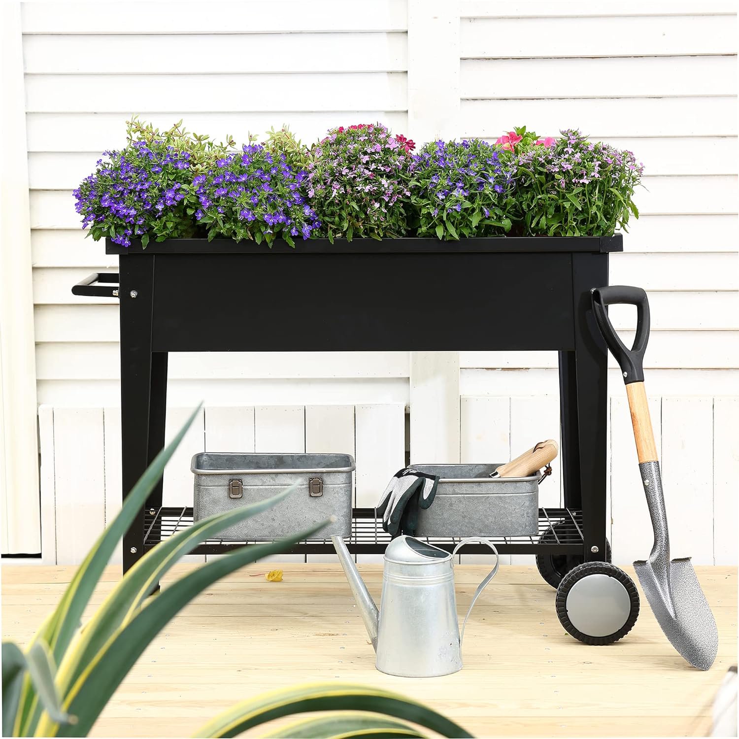 Planter Cart, Raised Garden Bed with Wheels, 39" Mobile Metal Planters ...