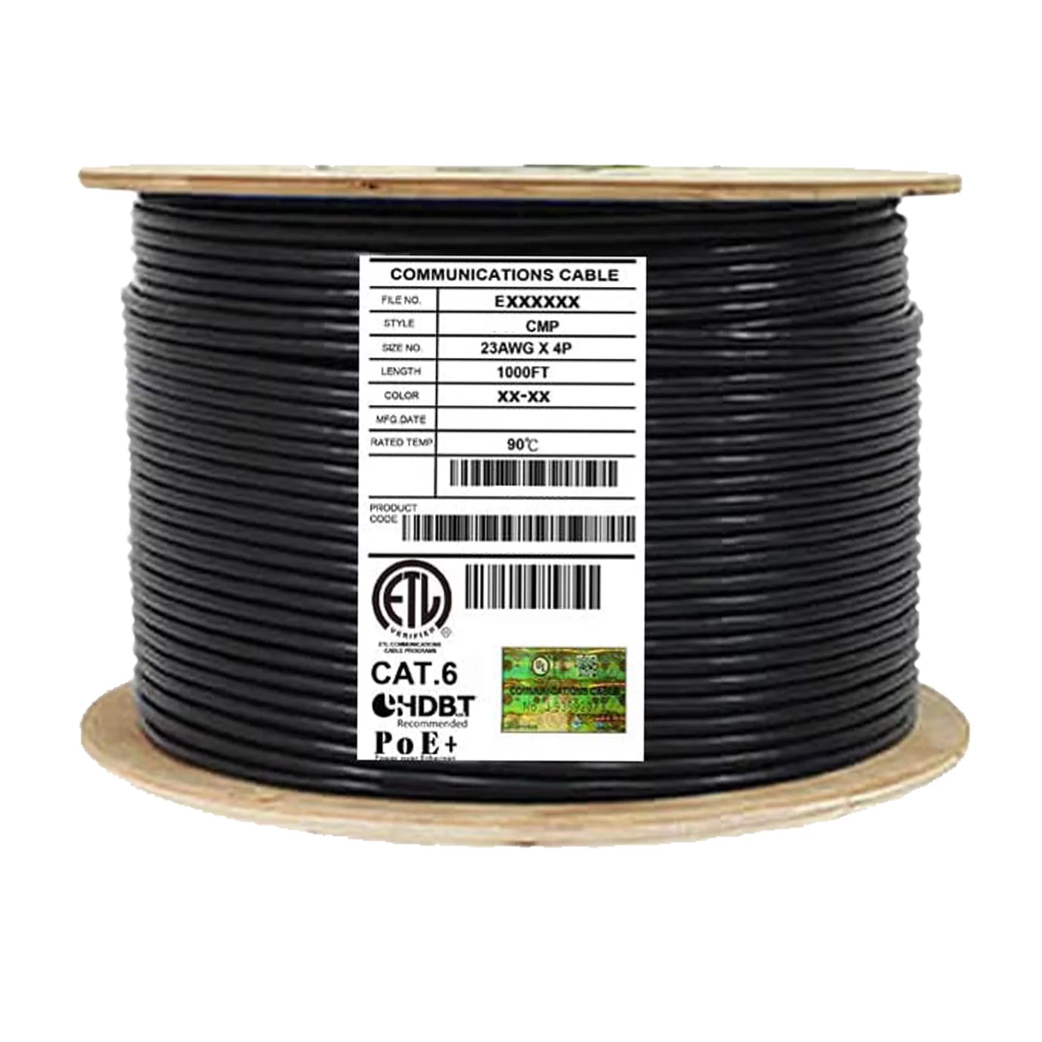 Infinity Cable CAT6 Shielded Solid Plenum FTP 100% Pure Copper, 1000Ft. Bulk Cable Reel, Black ...
