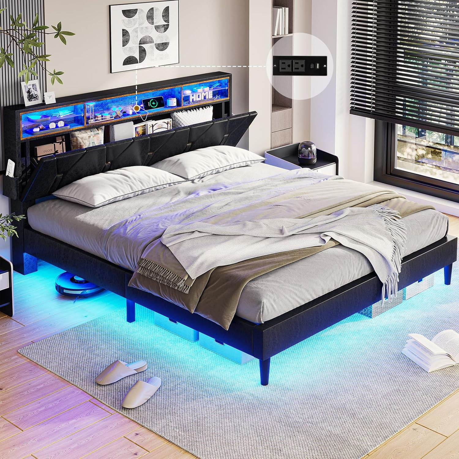 ADORNEVE Queen LED Bed Frame with LED Lights and Charging Station, Faux ...