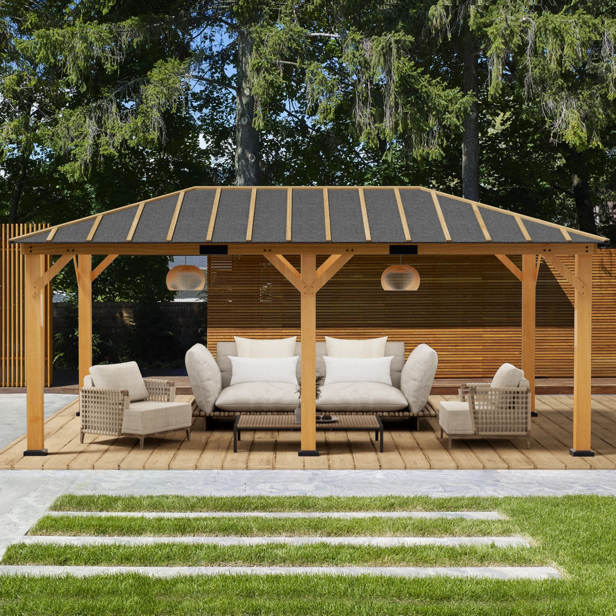 Hommow 12' x 20' Wood Gazebo,Hardtop Gazebo with Asphalt Roof Spruce ...