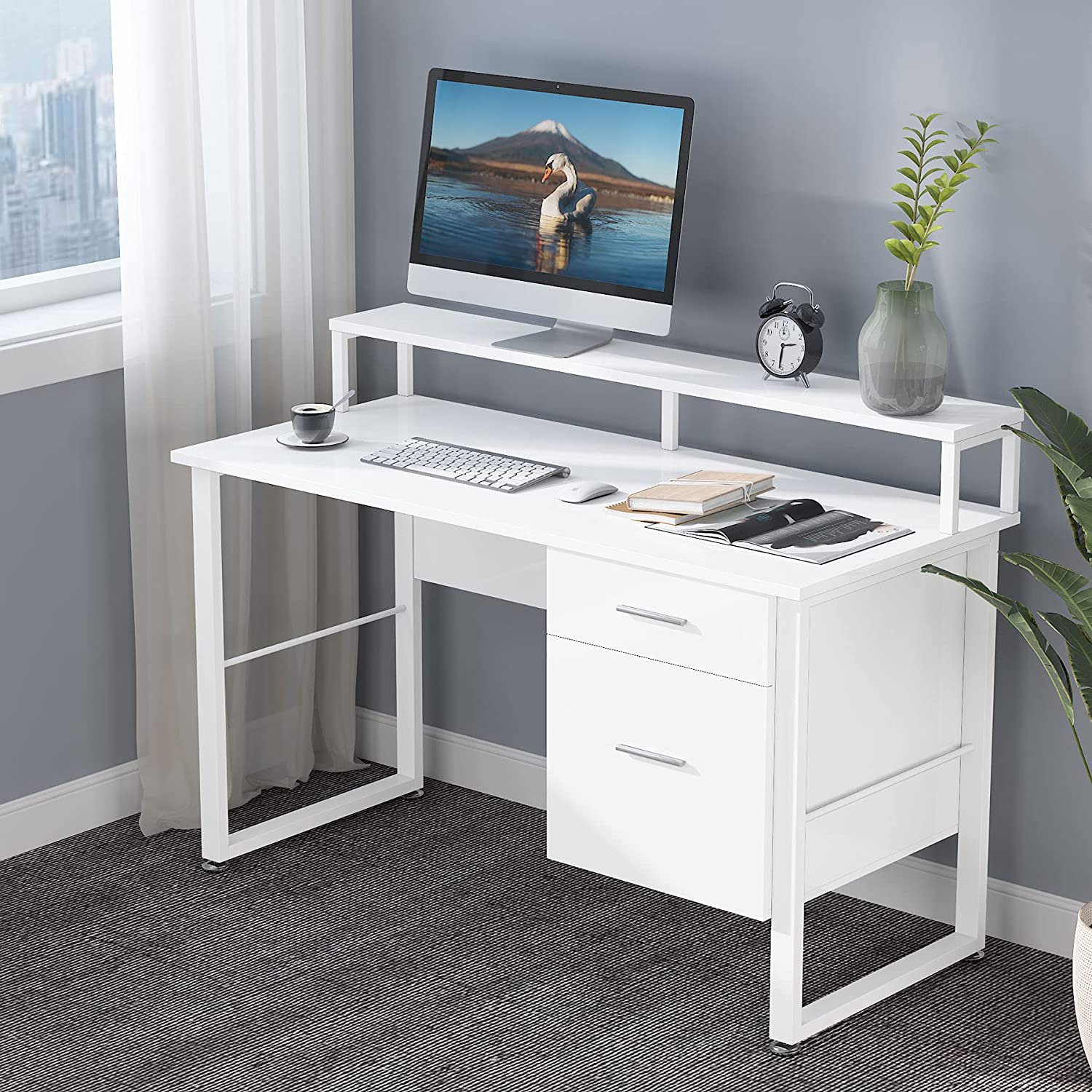Tribesigns 47 Inches Large Desktop Writing Desk with 2 Drawers and PC ...