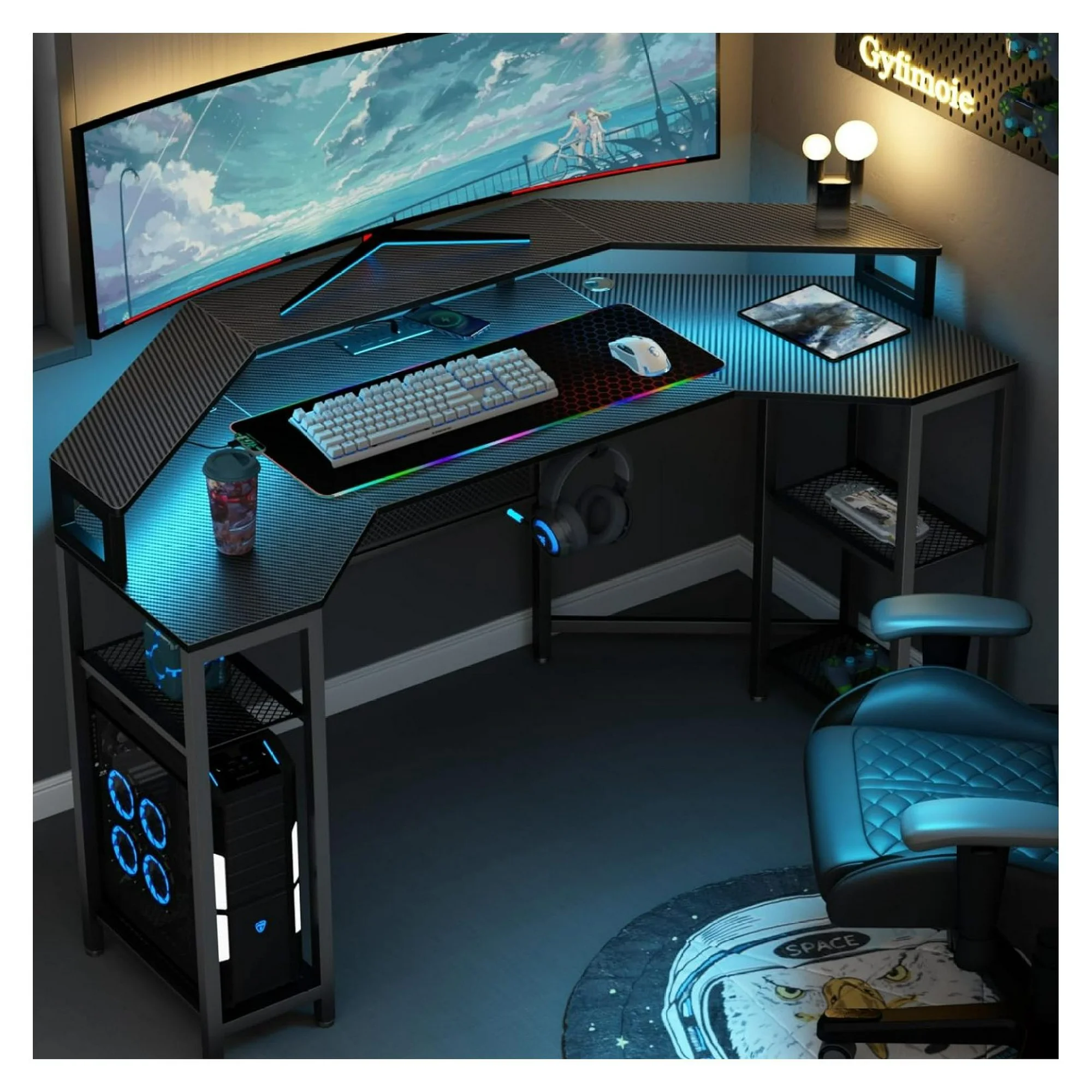 Lomie Computer Desk with Power Outlet & Led Light, 63" Large Wing ...