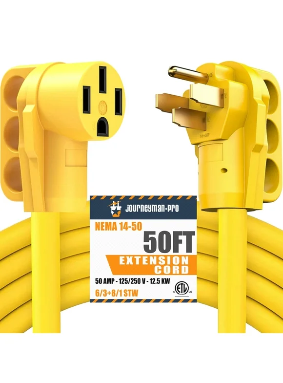 Journeyman-Pro 50A RV Power Extension Cord (Safety Yellow), Black Grip ...