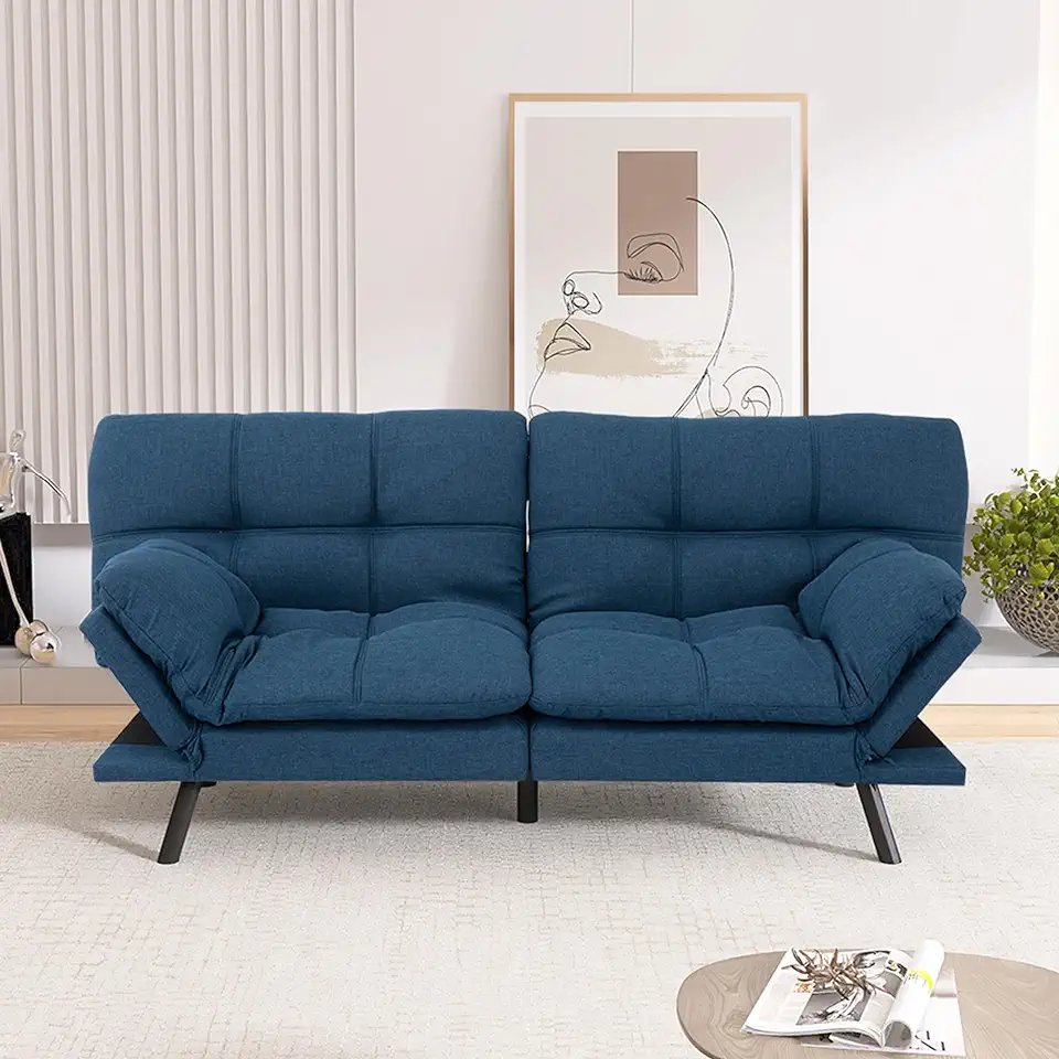 Futon Sofa Bed,Blue Futon Couch Small Sofa Foldable Loveseat with ...