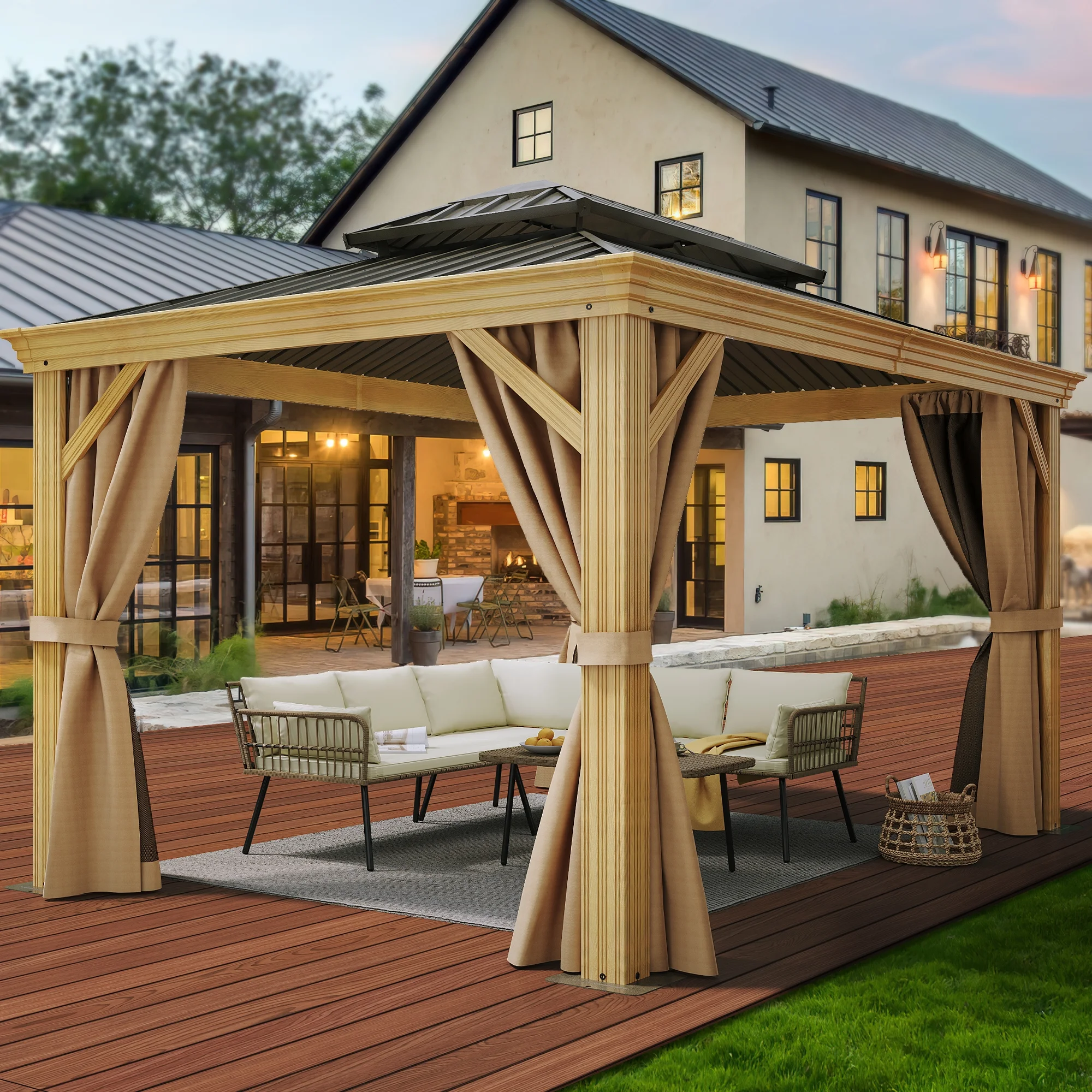 Dextrus 10x12ft Double Roof Hardtop Gazebo with Wood Grain Aluminum ...