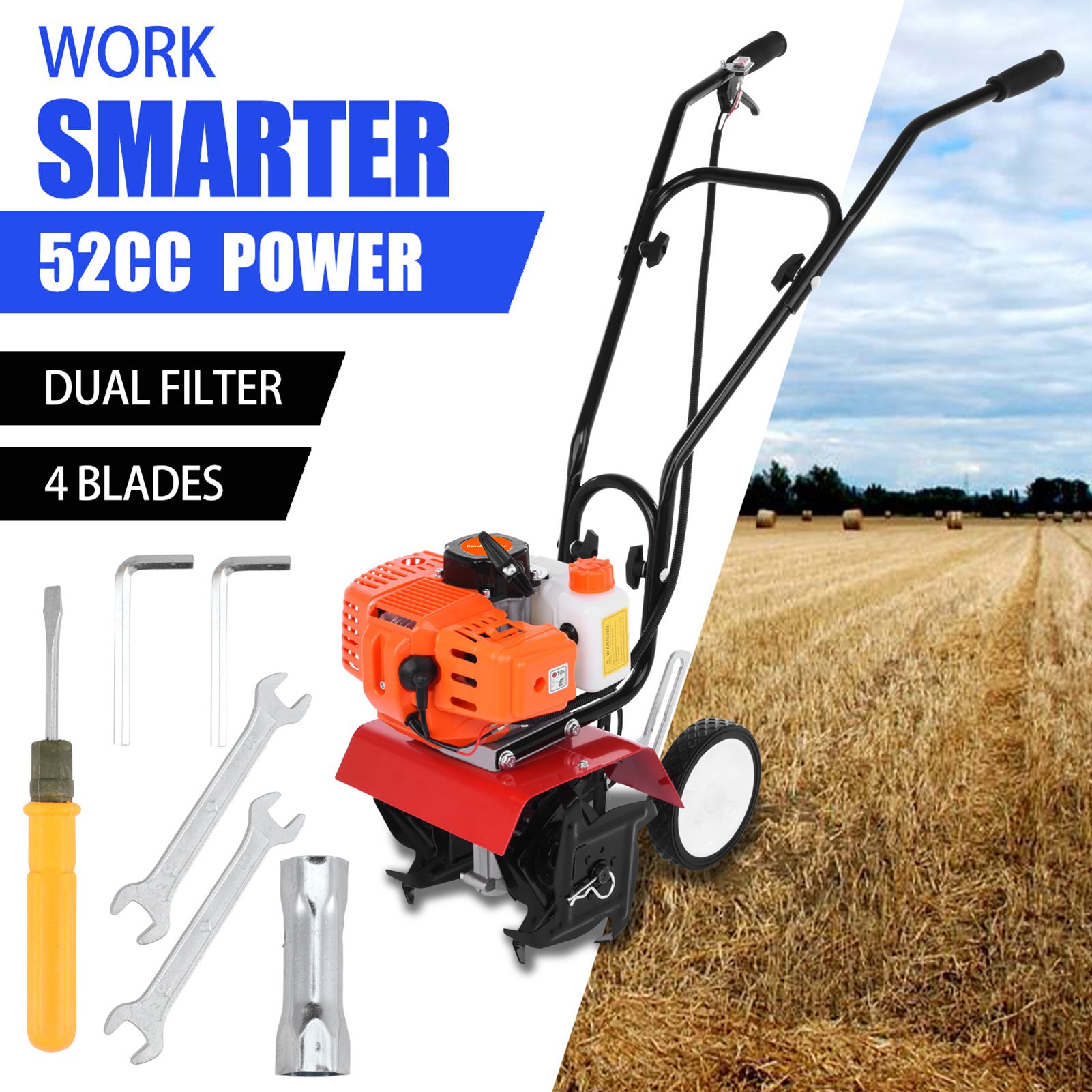 Zksm 52cc 2-Cycle Garden Tiller, Mini Cultivator Gas Powered with 7.9 ...
