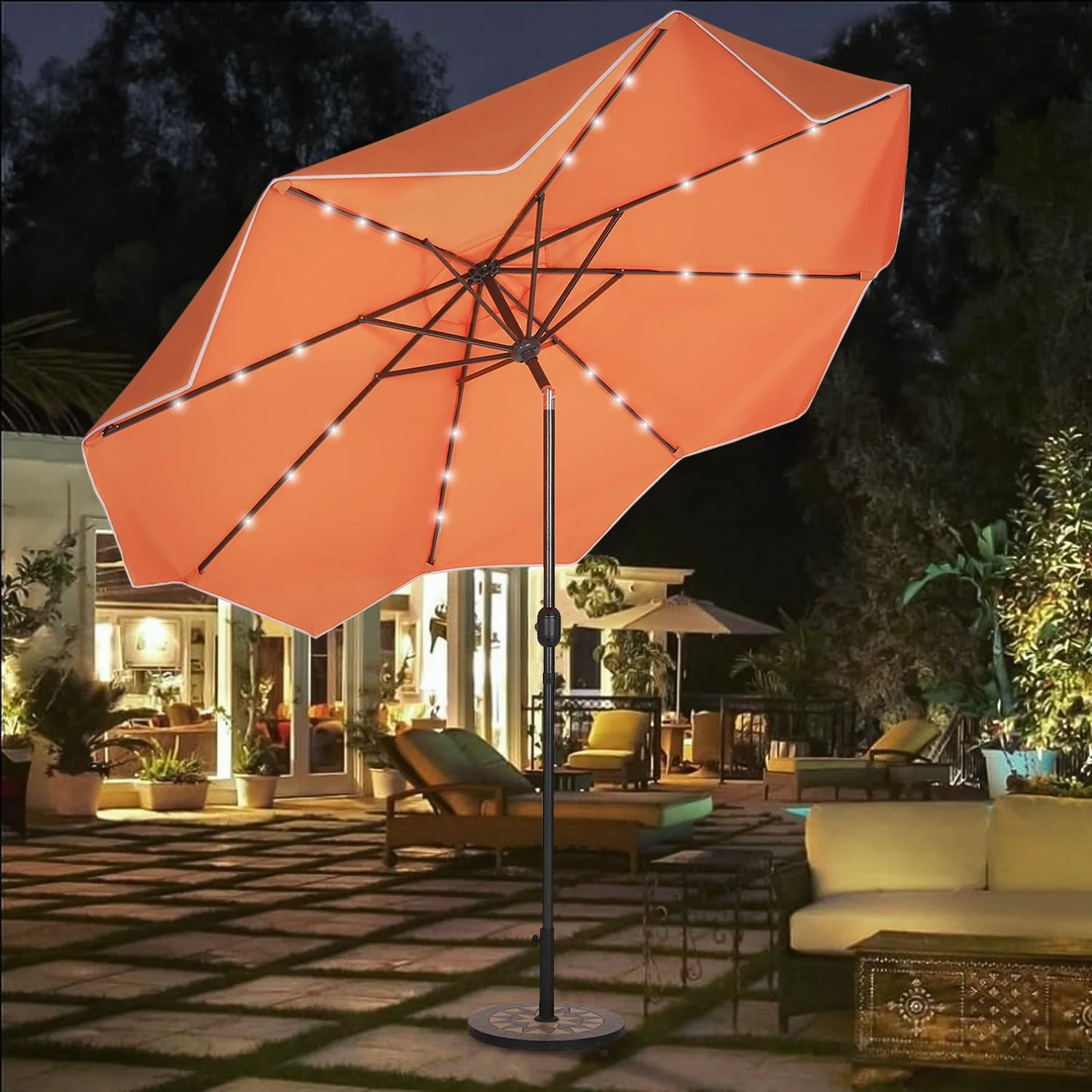10Ft Patio Ruffled Edge Umbrella Auto-Tilt Crank Umbrella with LED ...